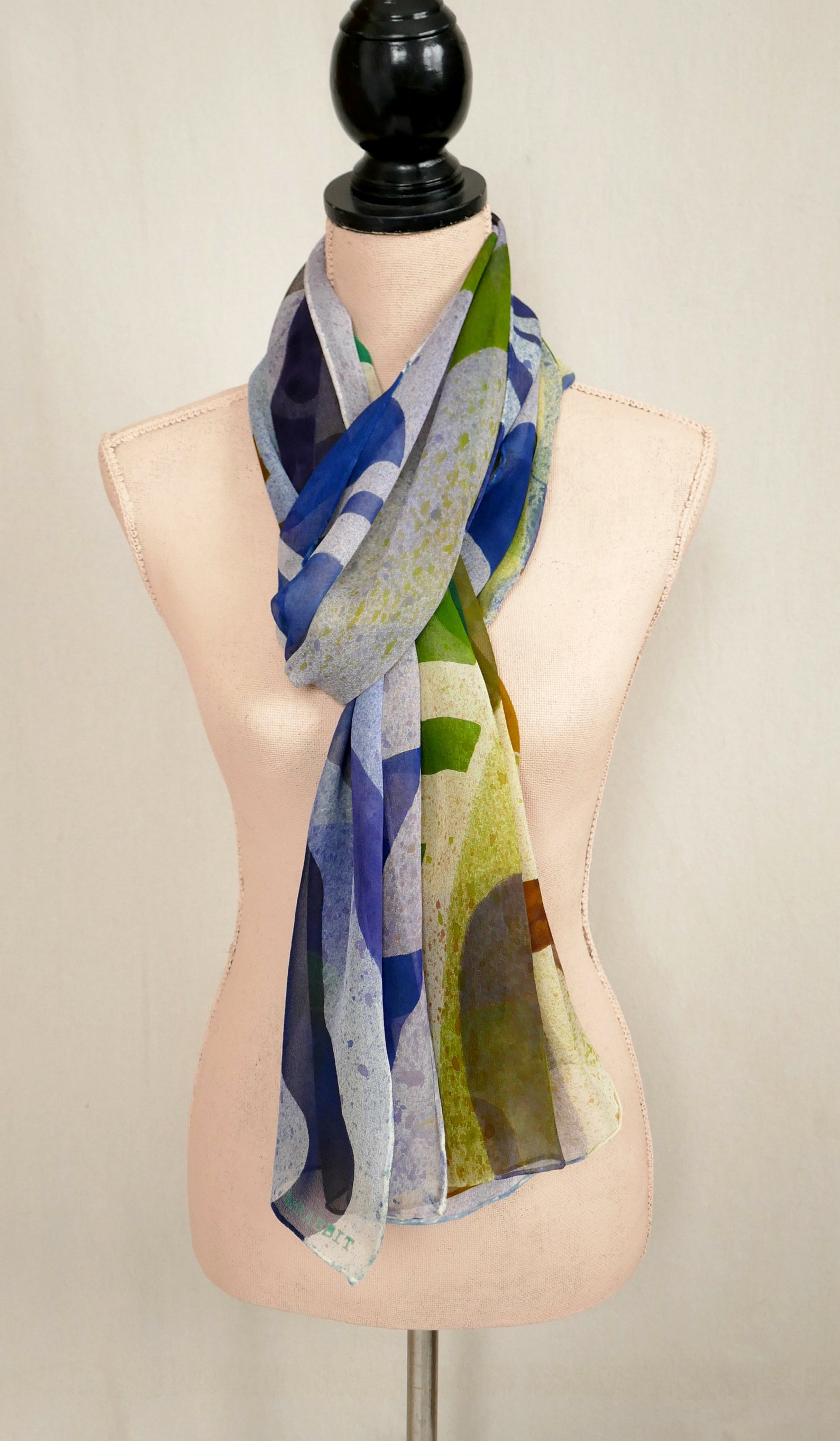 Hand Painted Silk Chiffon Scarf Floating Shapes in Blues - Etsy