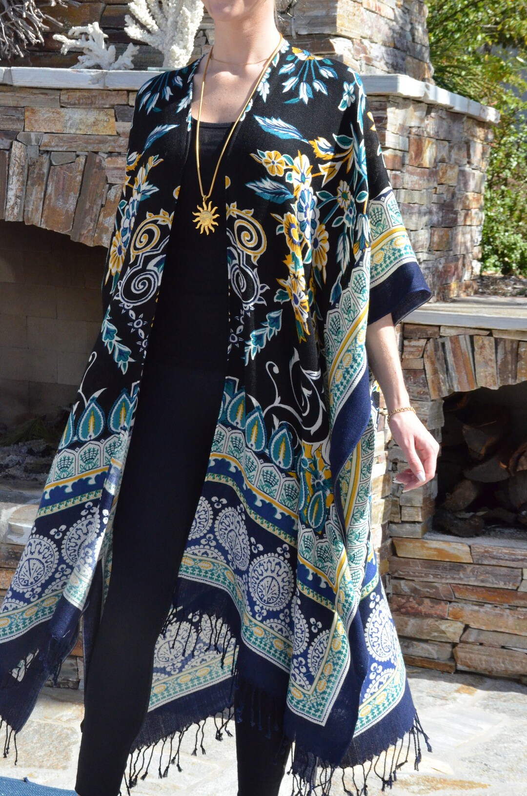 Navy Blue Print Pure Wool Duster/kimono Womens Duster Womens Kimono ...