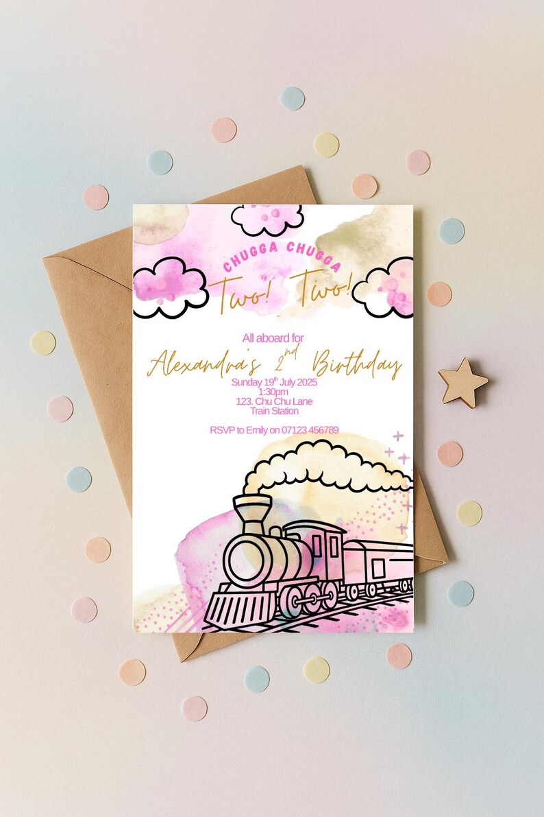 Chugga Chugga Two Two Pink Birthday Invitation • Editable 2nd Birthday ...