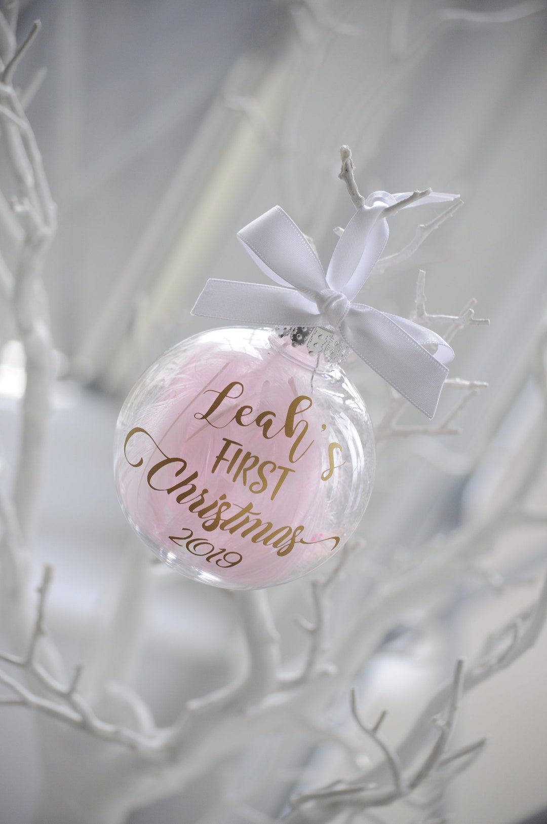 Personalised Baby's First Christmas Rose Gold Bauble With Feathers ...