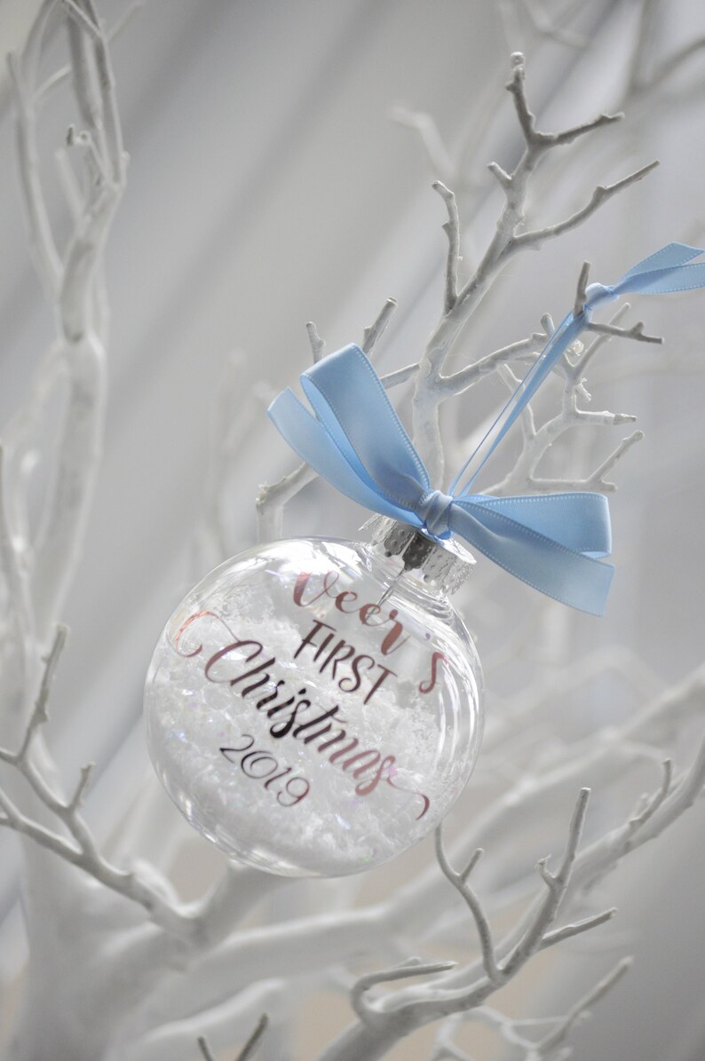 Snow Filled Personalised First Christmas Bauble Rose Gold | Etsy