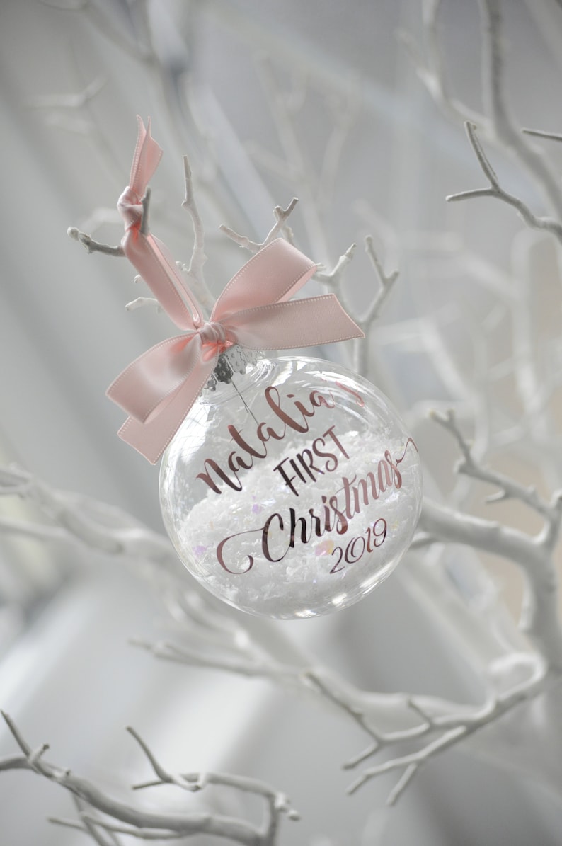 Snow Filled Personalised First Christmas Bauble Rose Gold - Etsy UK
