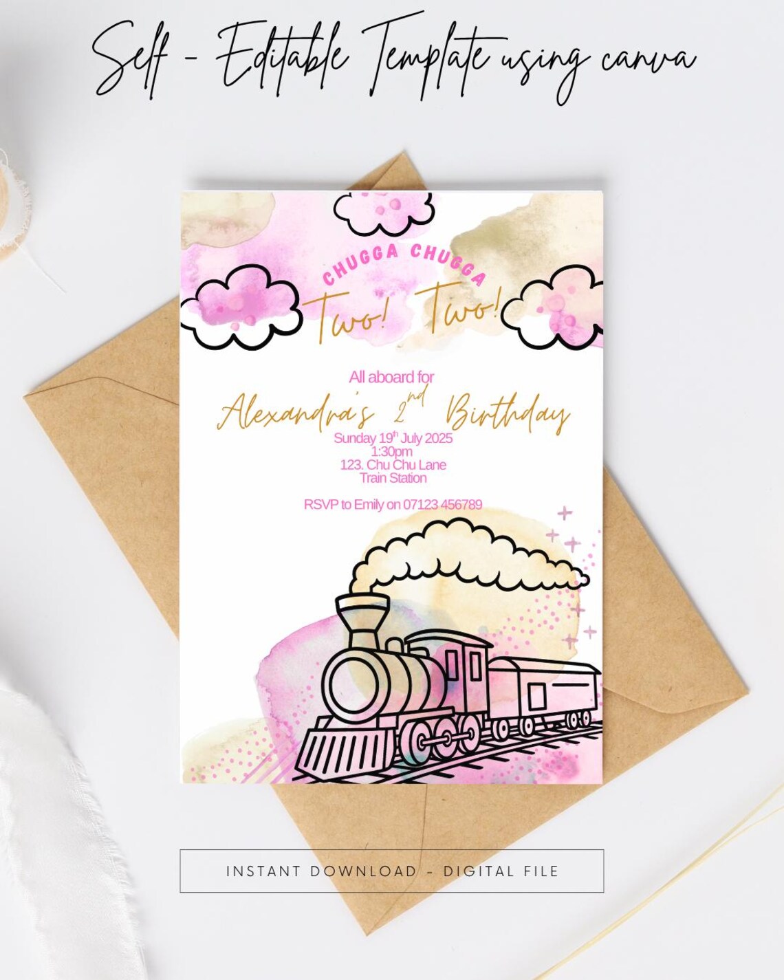 Chugga Chugga Two Two Pink Birthday Invitation • Editable 2nd Birthday ...