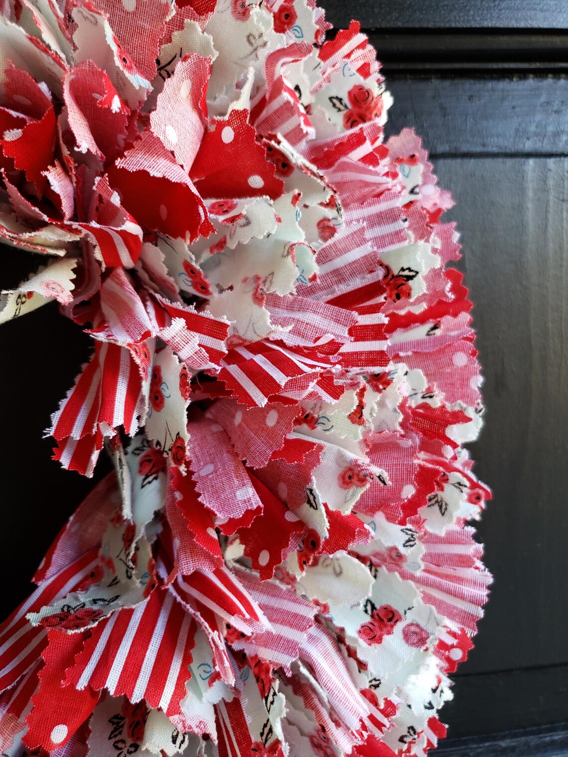 17 Inch Fabric Rag Wreath Shades of Light Blue and Red Roses Stripes ...
