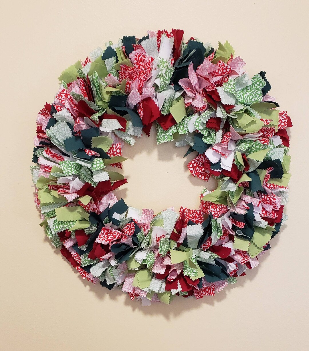 17 Inch Fabric Rag Wreath Shades of Green Red and White Floral and ...