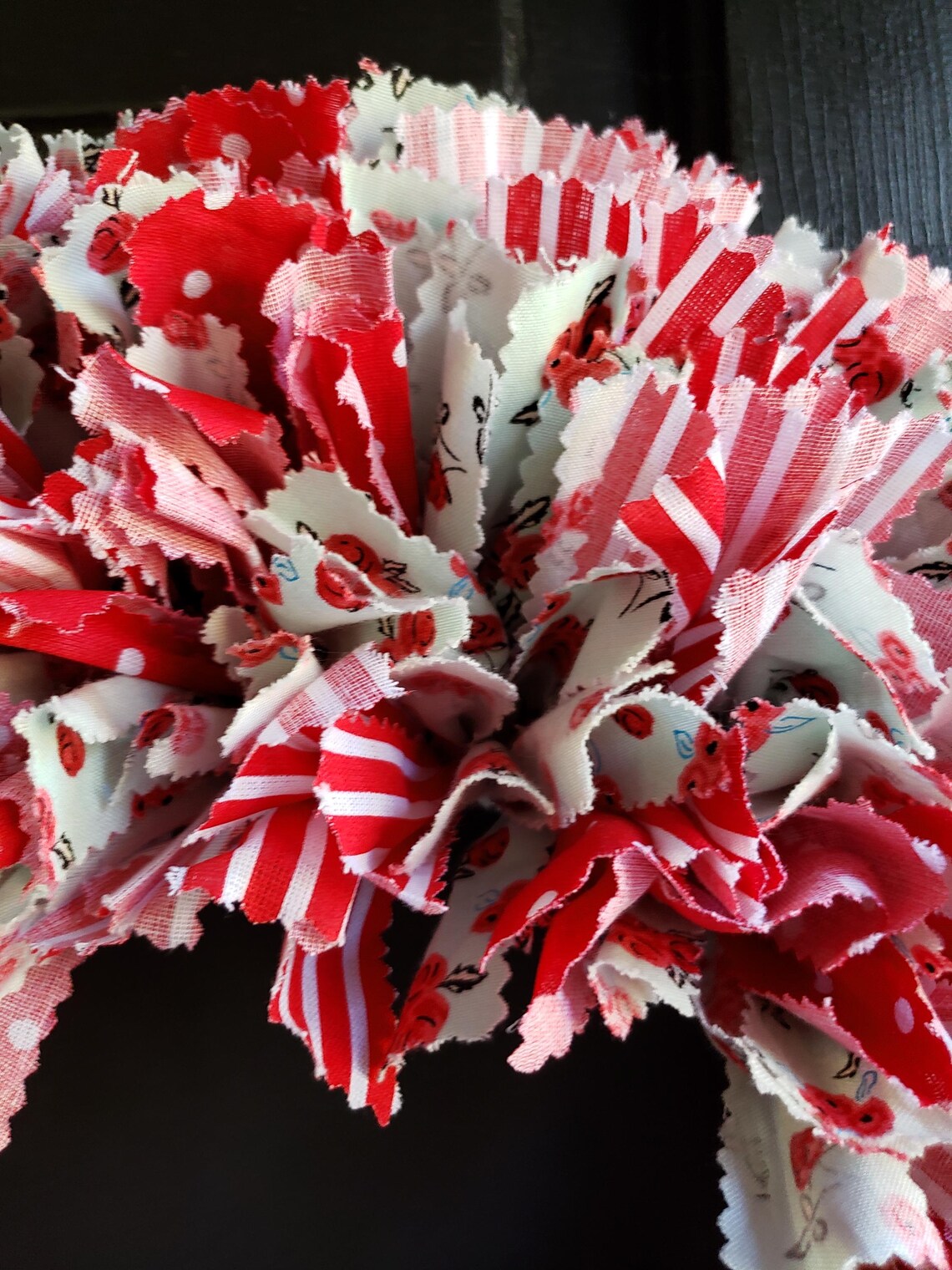 17 Inch Fabric Rag Wreath Shades of Light Blue and Red Roses Stripes ...