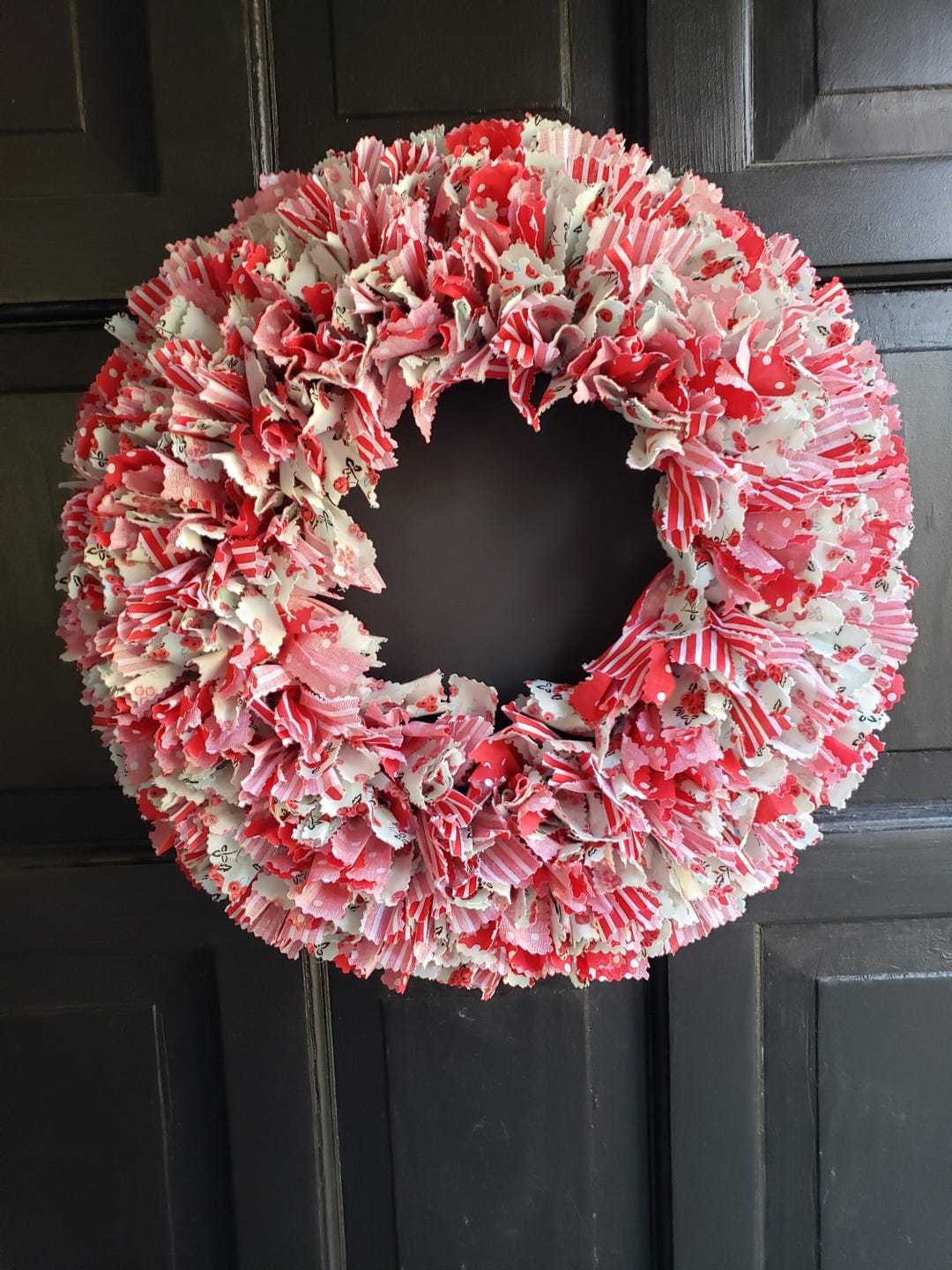 17 Inch Fabric Rag Wreath Shades of Light Blue and Red Roses Stripes ...