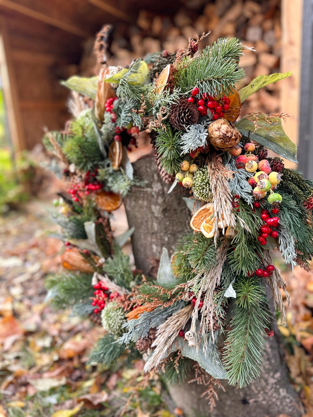 Warm Fire Side Winter Wreath With Artificial Pine and Dried Natural ...