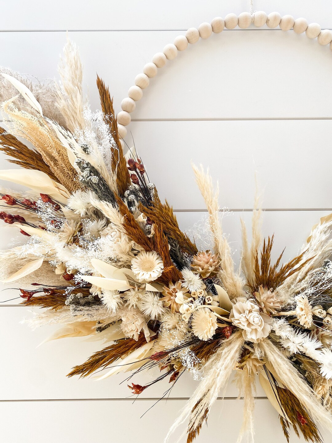XL Dried Bleached and Burnt Orange Floral Wreath on Wood Bead Base - Etsy
