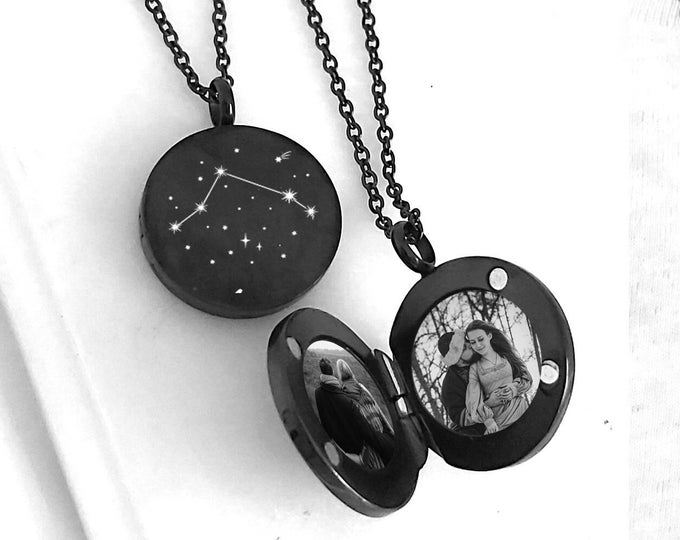 Aquarius Zodiac Constellation Necklace on Vintage Tiny Locket Hand ...