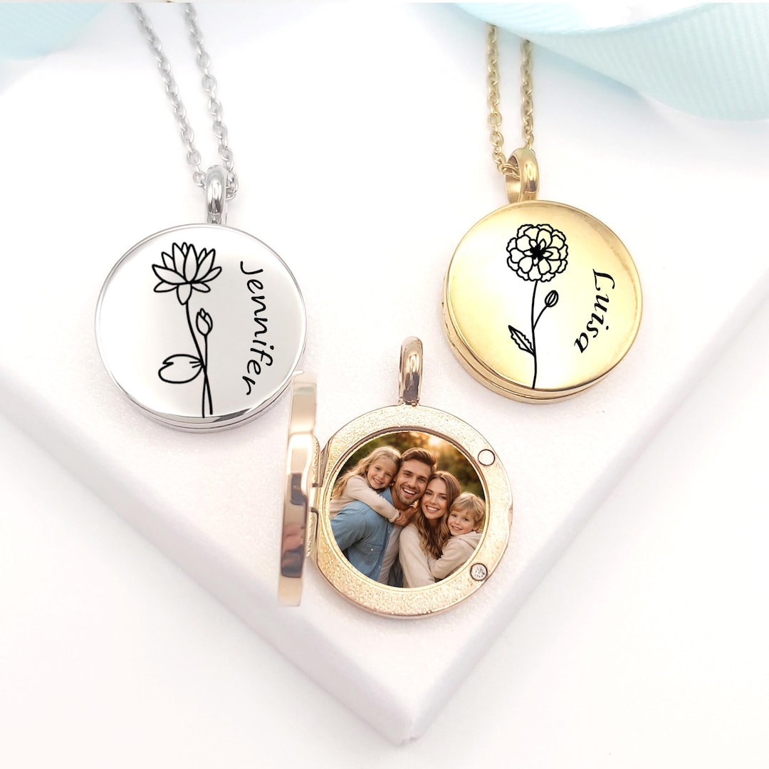 Birth Flower Locket Necklace for Photo and Name Engraved, Gold Small ...