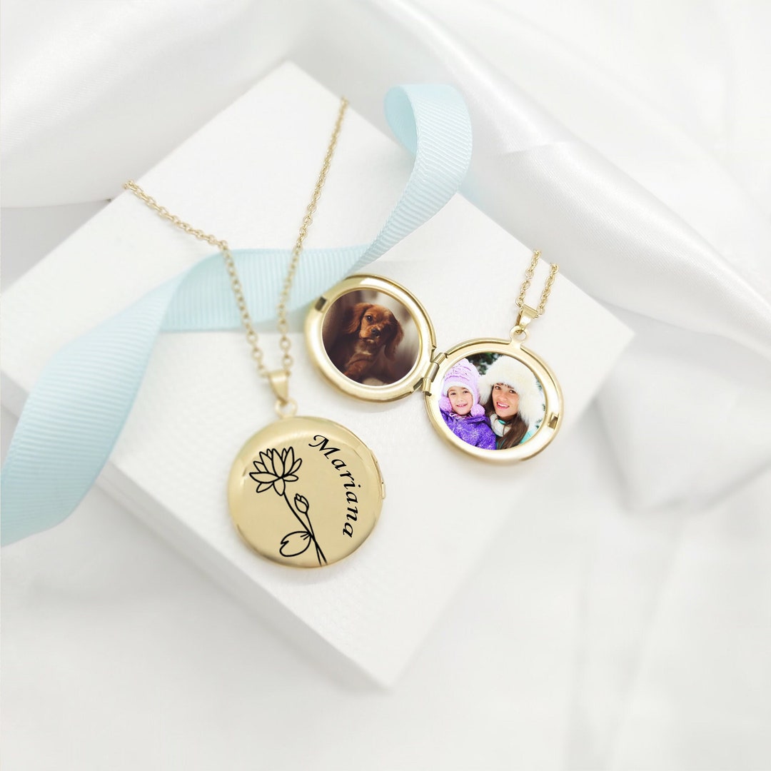 Birth Flower Locket Necklace for Photo and Name Engraved, Gold Small ...