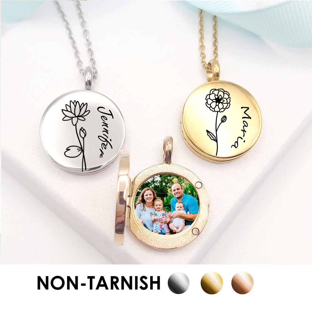 Birth Flower Locket Necklace for Photo and Name Engraved, Gold Small ...