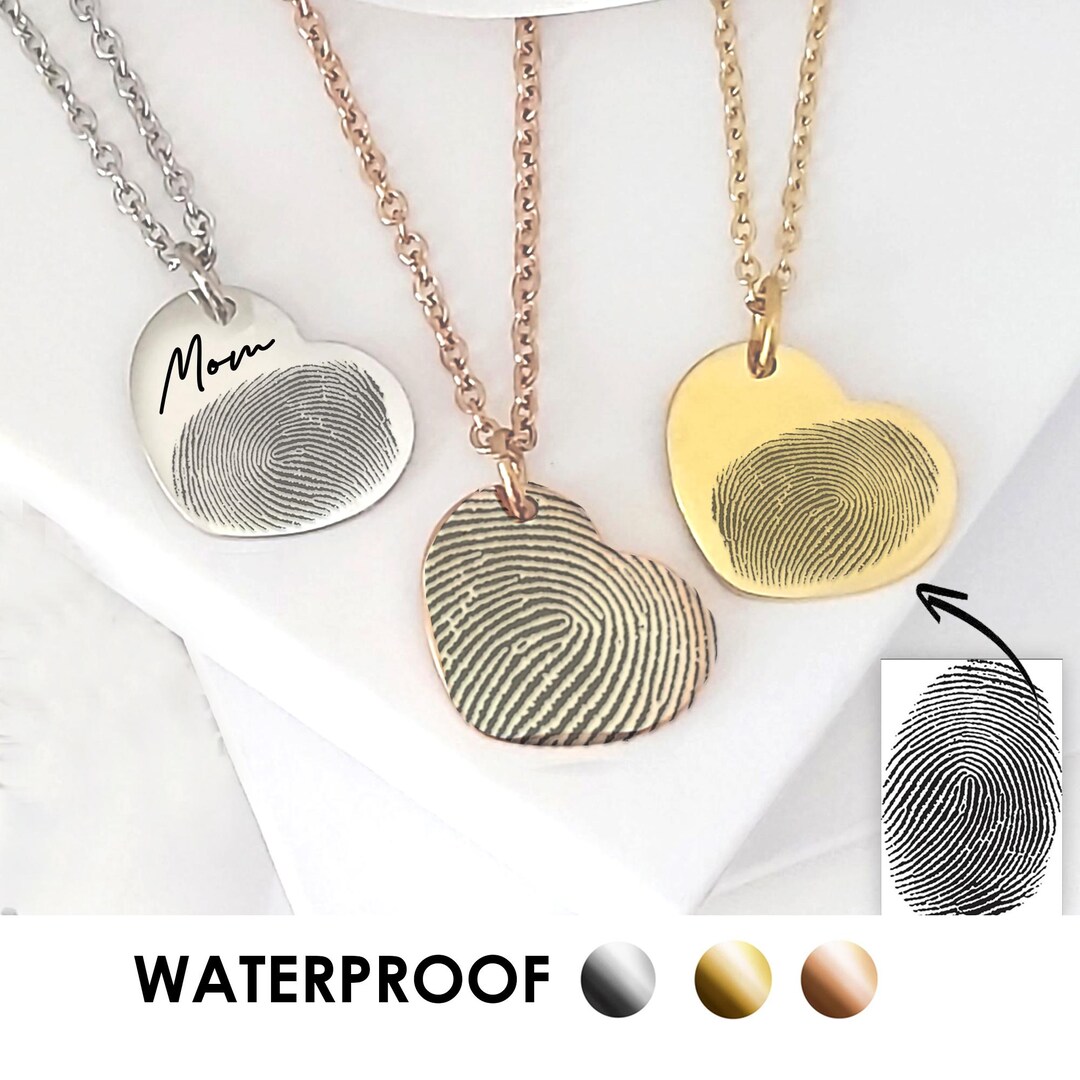 Gold Heart Fingerprint Necklace With Handwriting, Custom Engraved ...
