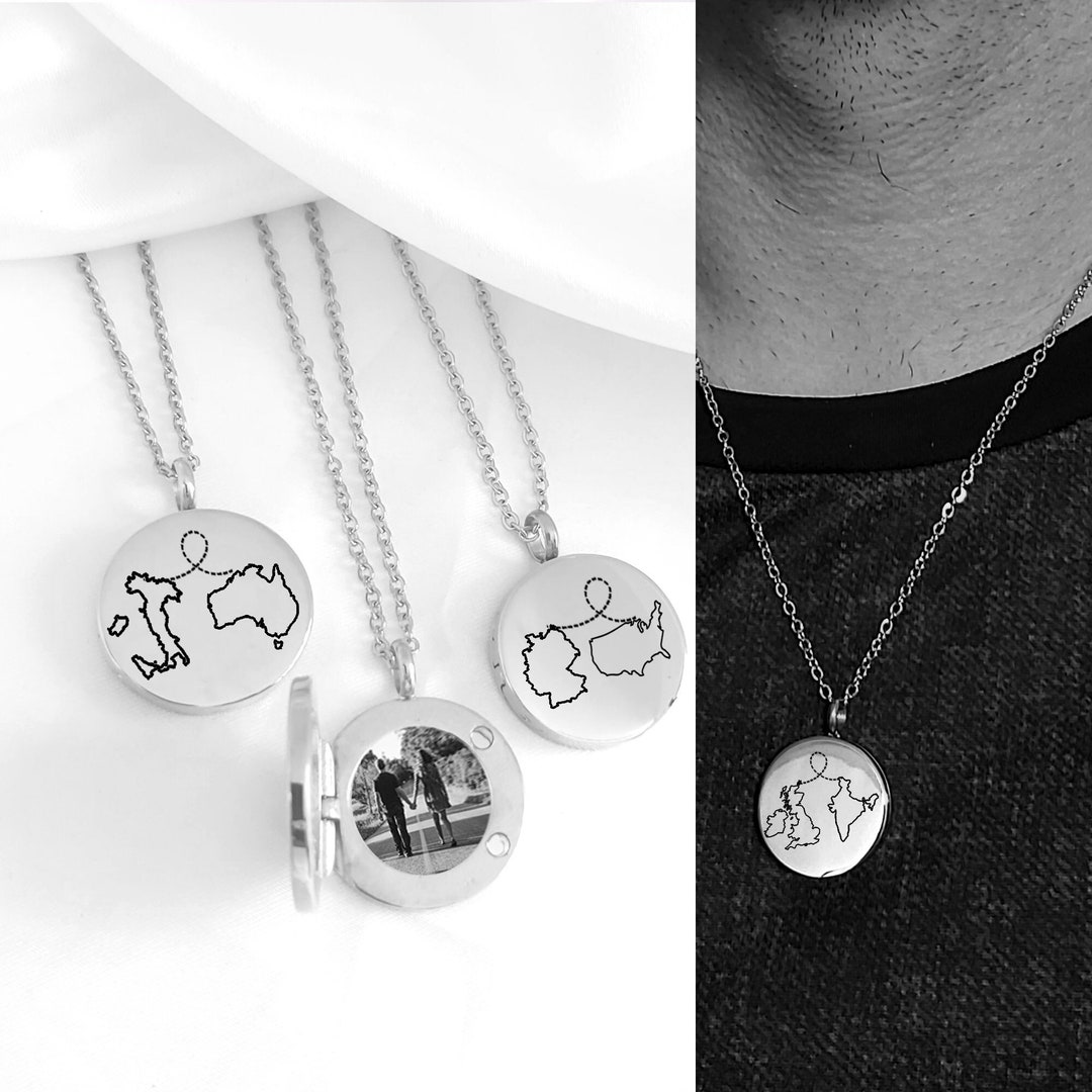 Two Homes Map Locket Necklace With Photo for Men, Long Distance ...