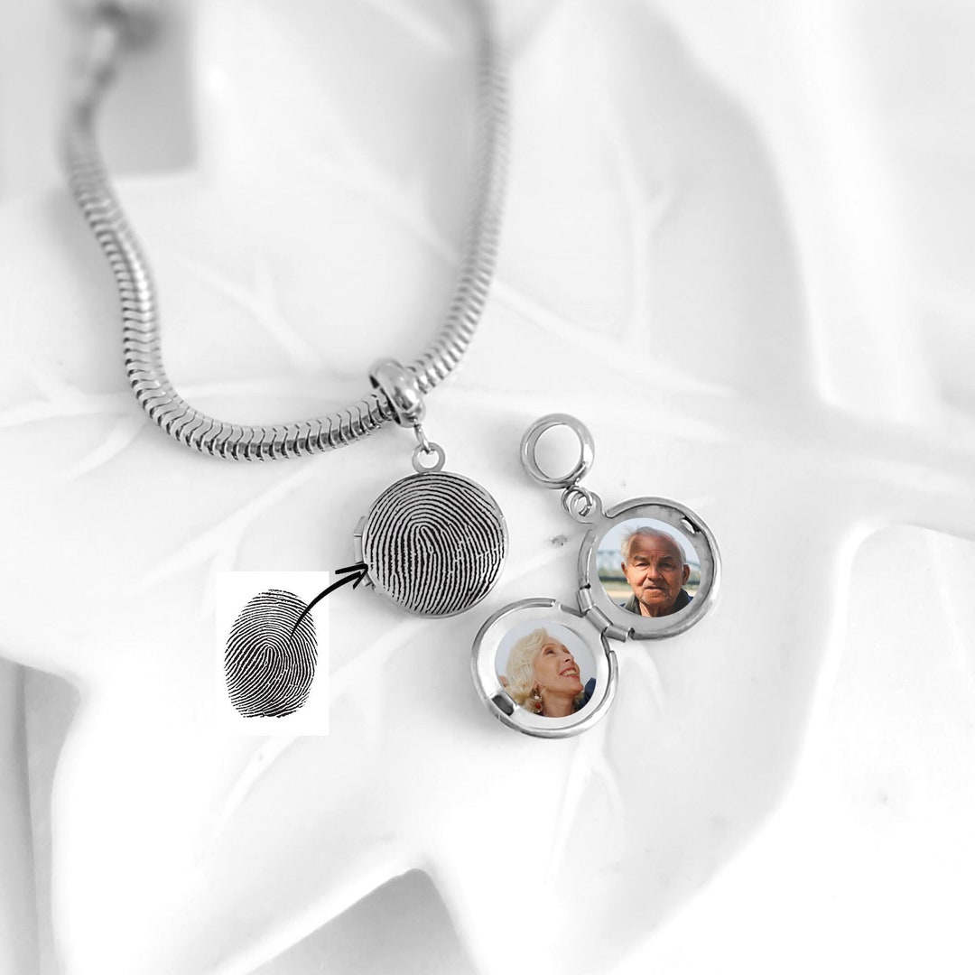 Fingerprint Locket Charm Bracelet With Photos, Custom Engraved Little ...
