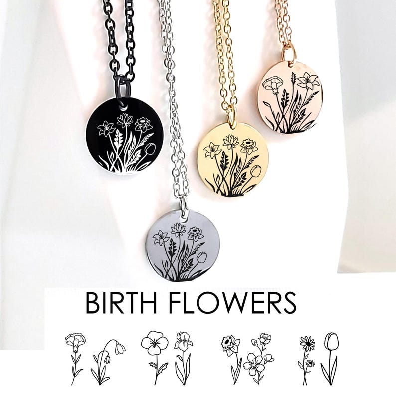Combined Birth Flower Bouquet Necklace, Engraved With up to 6 Birth ...