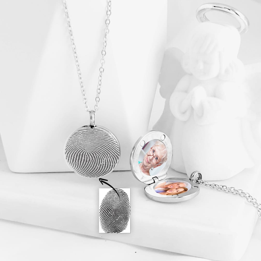 Round Fingerprint Magnetic Locket Necklace With Photo, Custom Engraved ...
