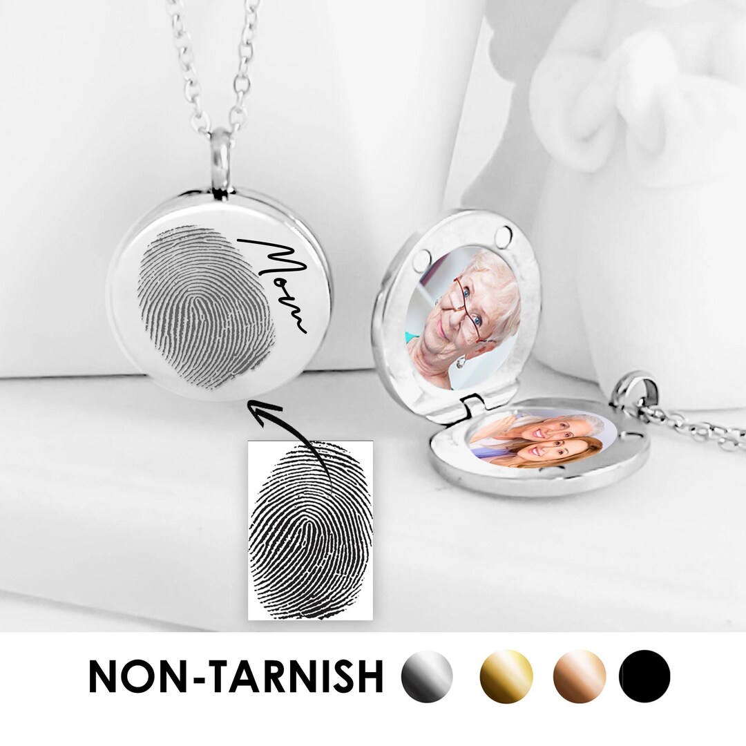 Fingerprint Necklace Locket With Photo, Custom Engraved Pendant With ...