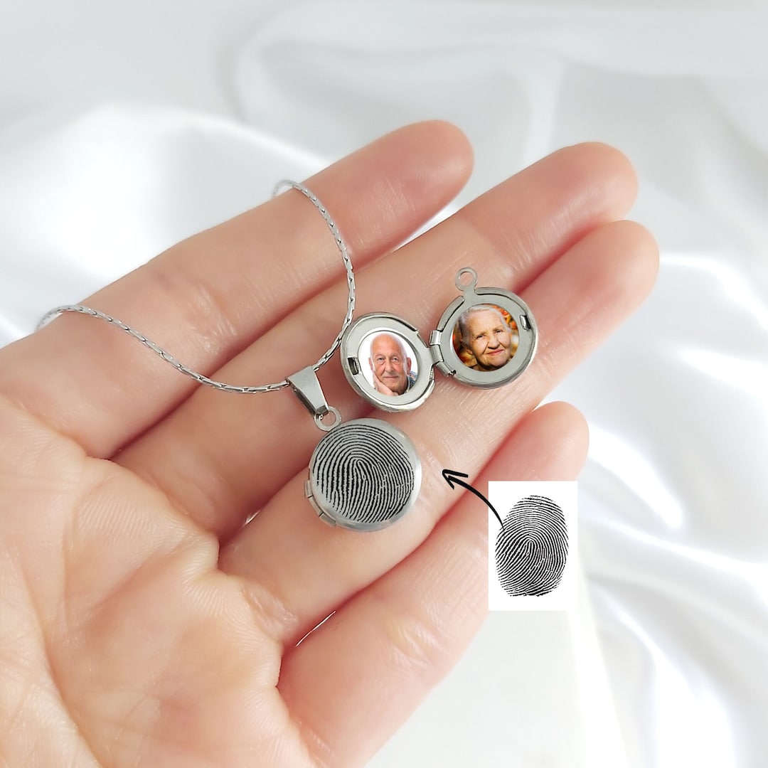Tiny Round Fingerprint Locket for Photo Necklace, Custom Engraved Mini ...