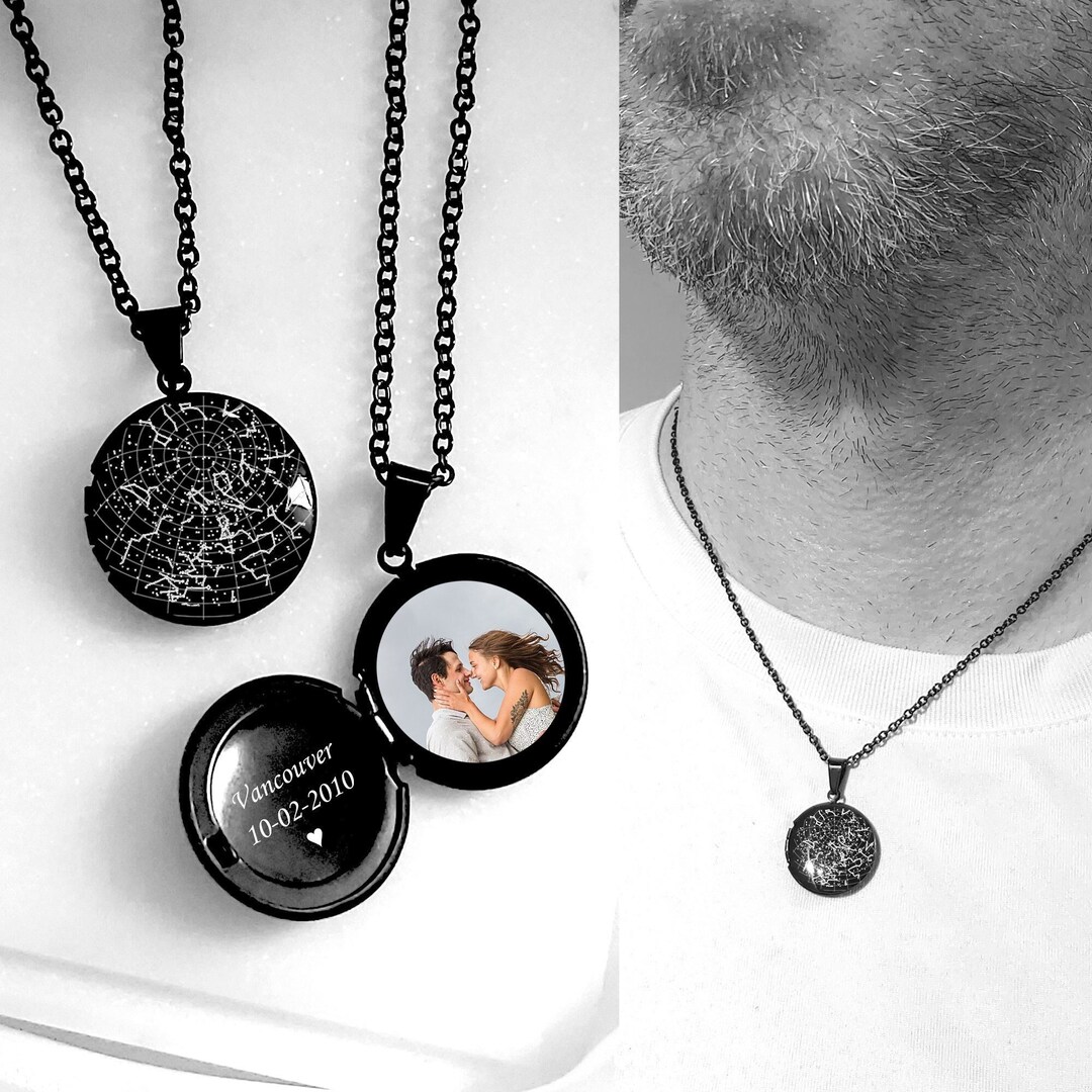 Star Map Locket Necklace With Photo for Men, Personalized Birthday ...