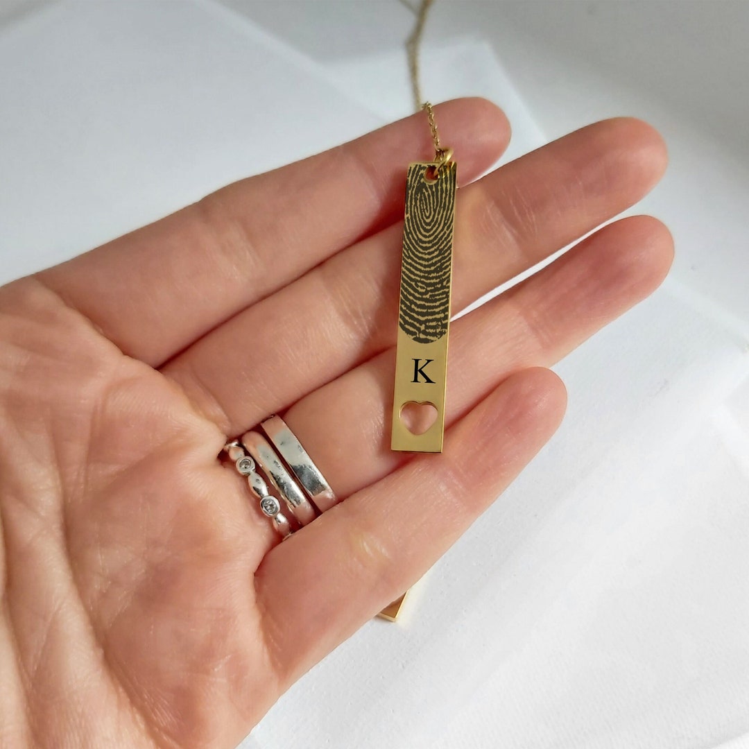 Fingerprint Necklace, Bar Thumbprint Memorial Pendant With Heart ...