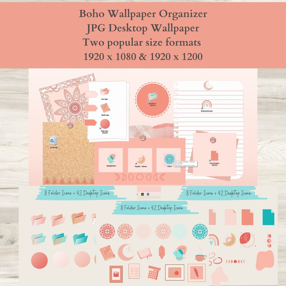 Desktop Organizer Wallpaper Boho Themed Folder Icons Windows - Etsy