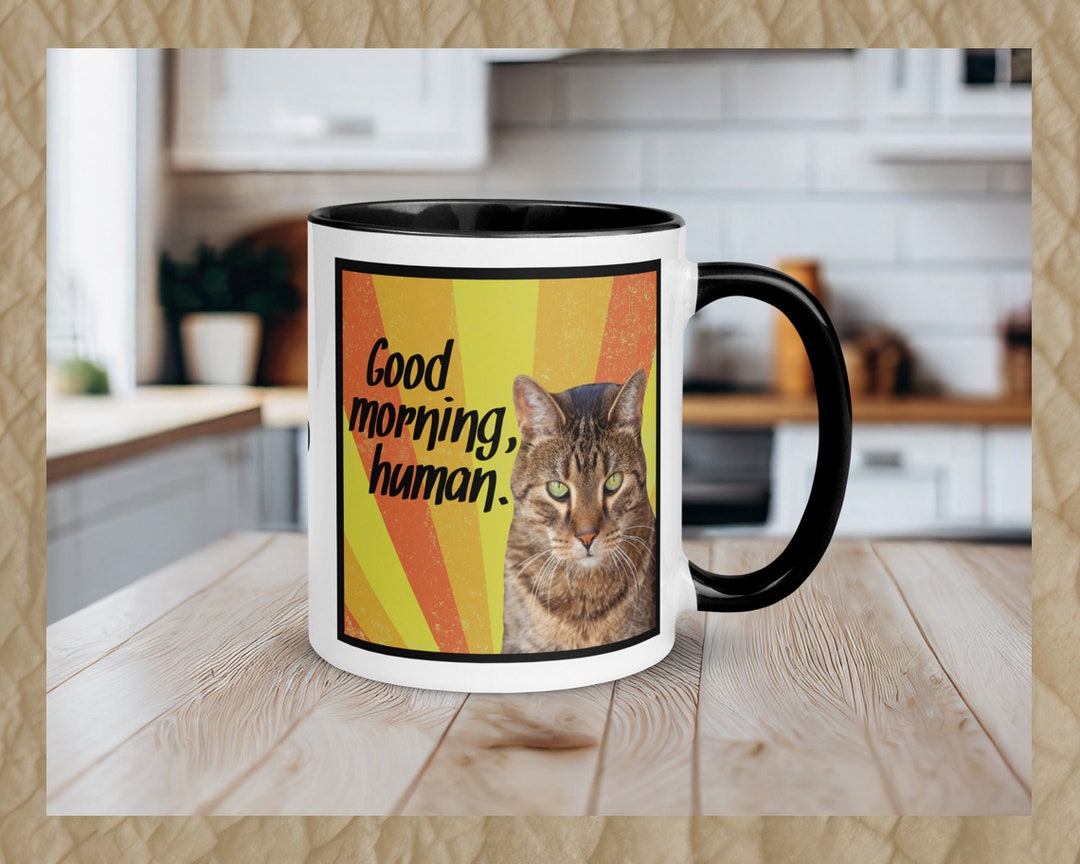 Funny Cat Photo Mug | Good Morning, Human | Tabby Cat Funny Mug With ...