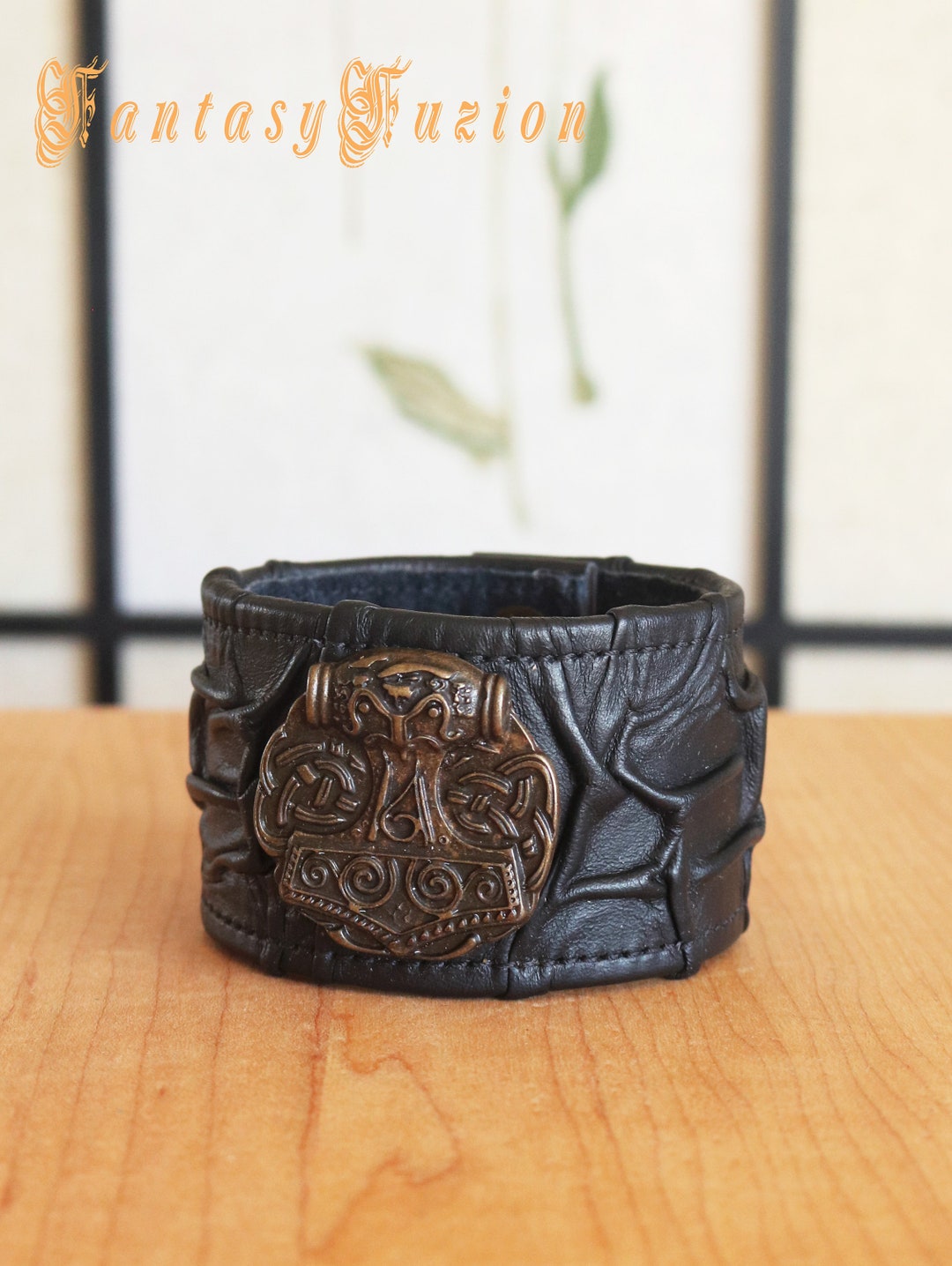 Thor Hammer Black Cuff // Norse Mythology Wristband // Viking Leather ...