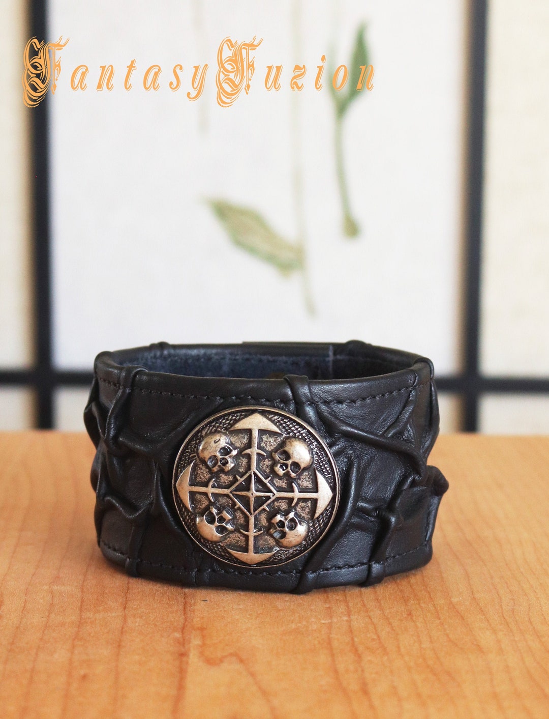 Chaos Skull Leather Black Cuff // Rocker Gothic Wristband // Warhammer ...