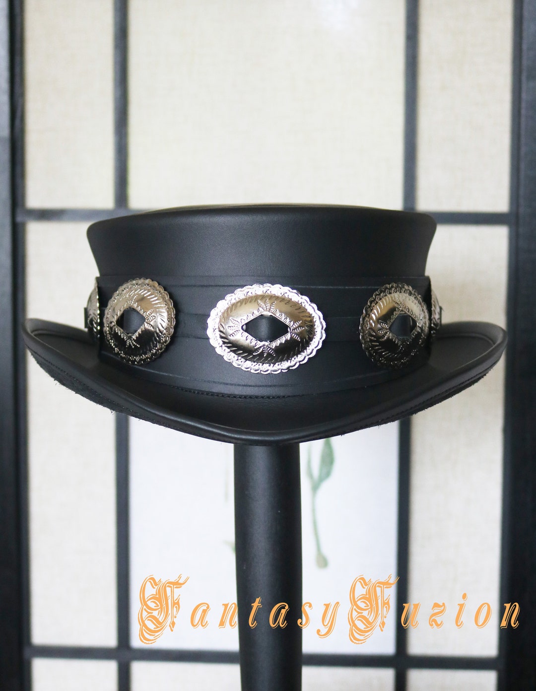SHORT Rocker Black Leather Slash Style Tribute Top Hat // Conchos ...