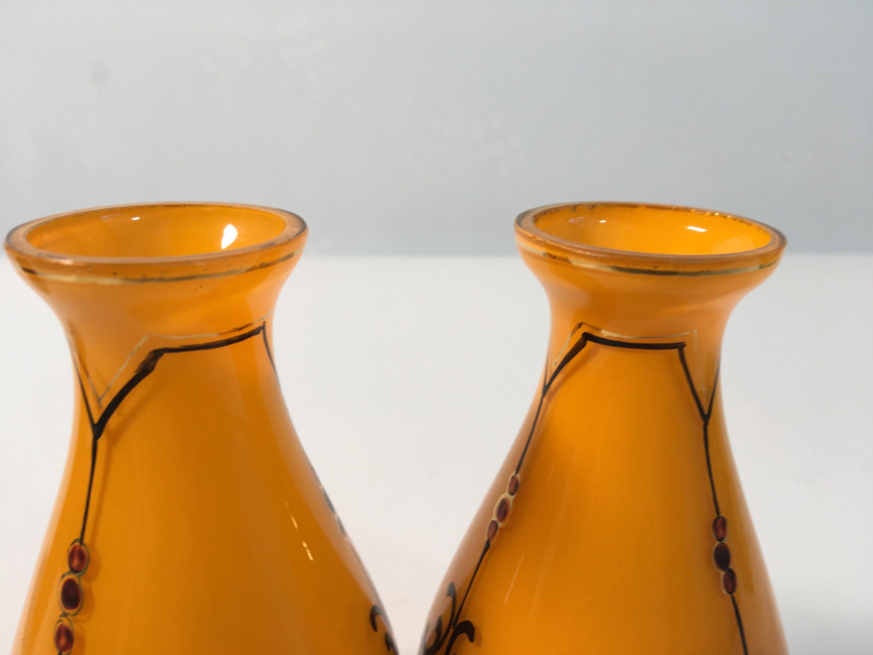 Vintage Pair ART DECO Glass Vases Orange Glass w/ Hand Painted w Multi ...