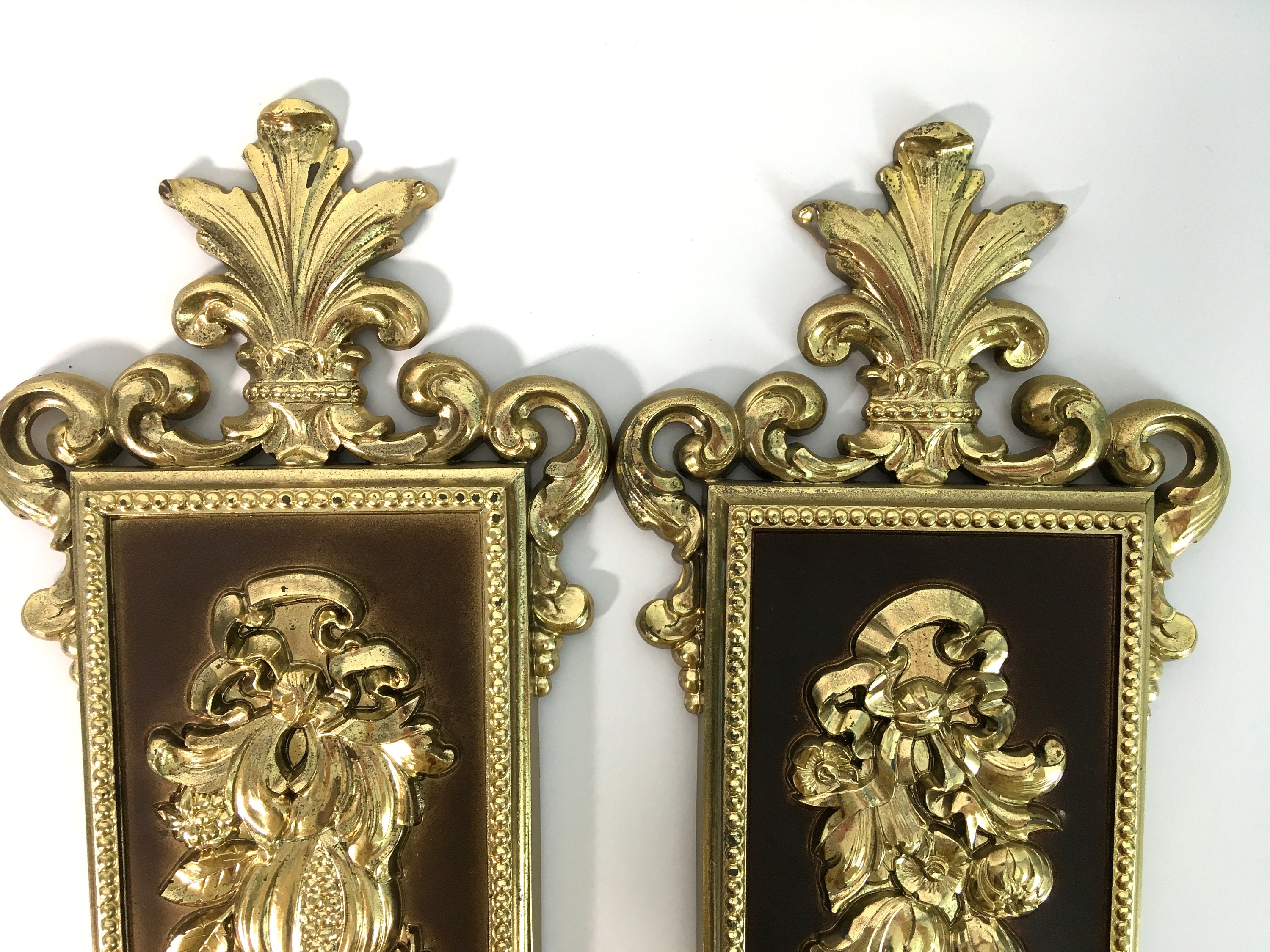 Set of 2 Vintage Gold & Brown Ornate Wall Hangings Mid Century LONG ...