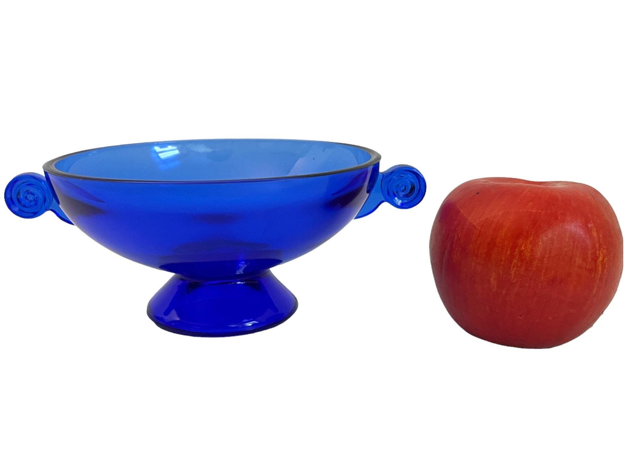 Cobalt Blue Glass Footed Bowl W Swirled Handles Short Pedestal Base Small Round Retro Smith
