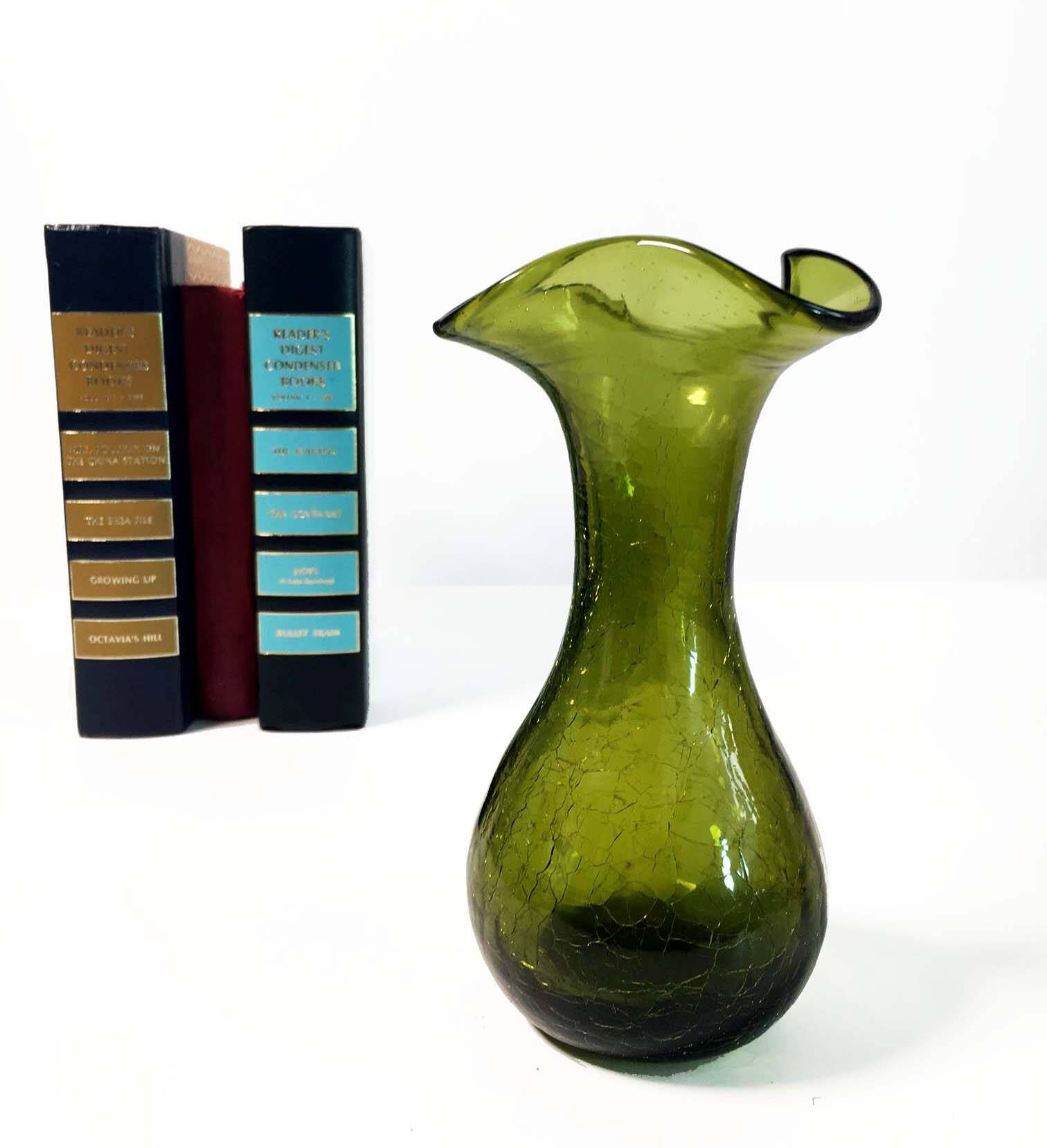 Vintage Green Crackle Glass Vase Handblown Green Glass With Wavy Top Retro Home Kitchen