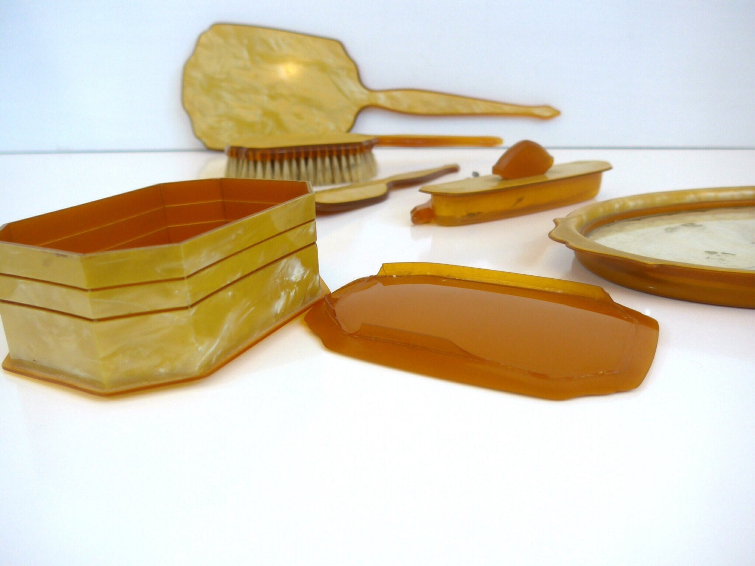 Vintage Art Deco Dresser Set Brush, Mirror, Shoe Horn, Buffer, stick ...