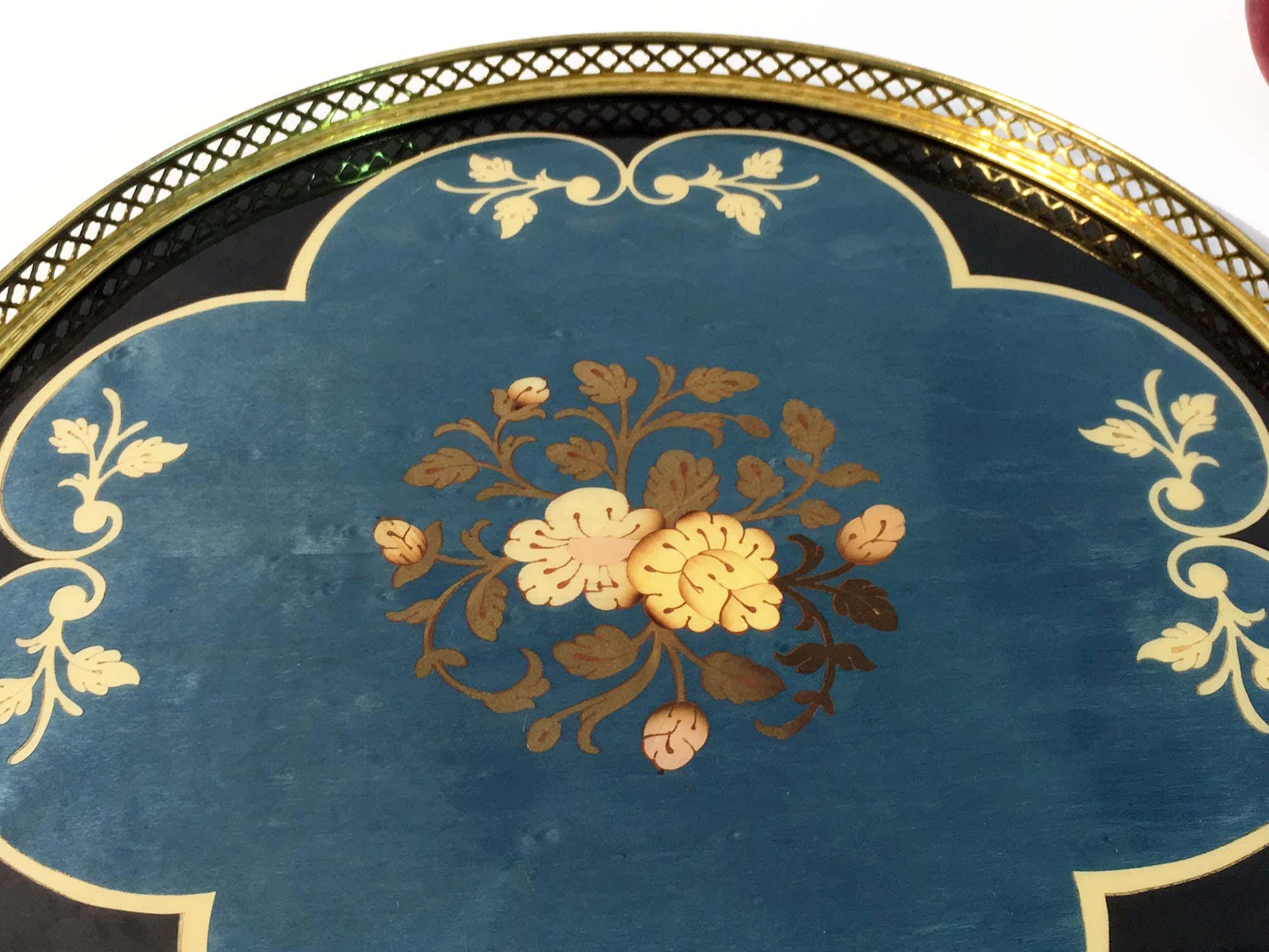 Vintage Wood Flower Floral Inlay Round Serving Tray - Italy Inlaid Wood ...