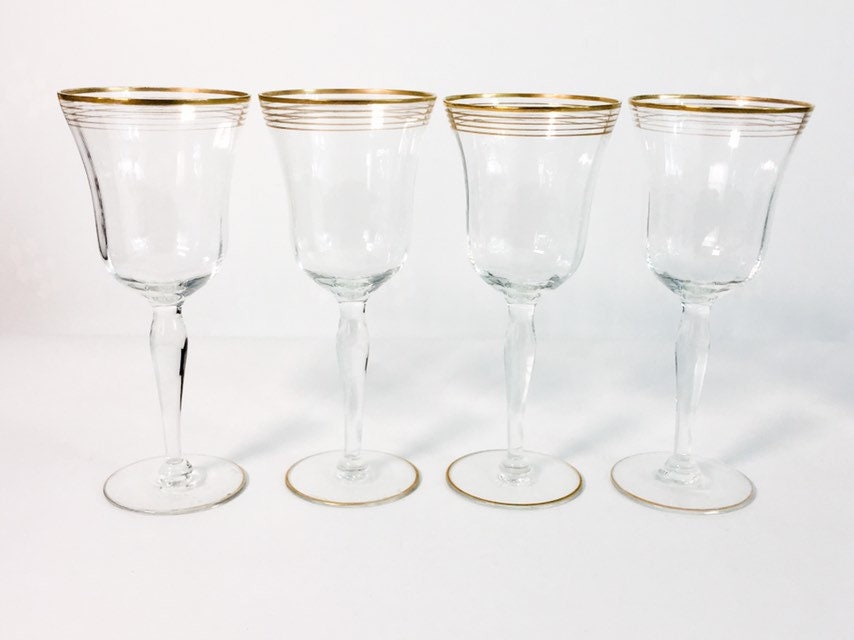 Vintage Set of 4 Gold Rim / Trimmed Water Goblets / Large Wine Glasses ...