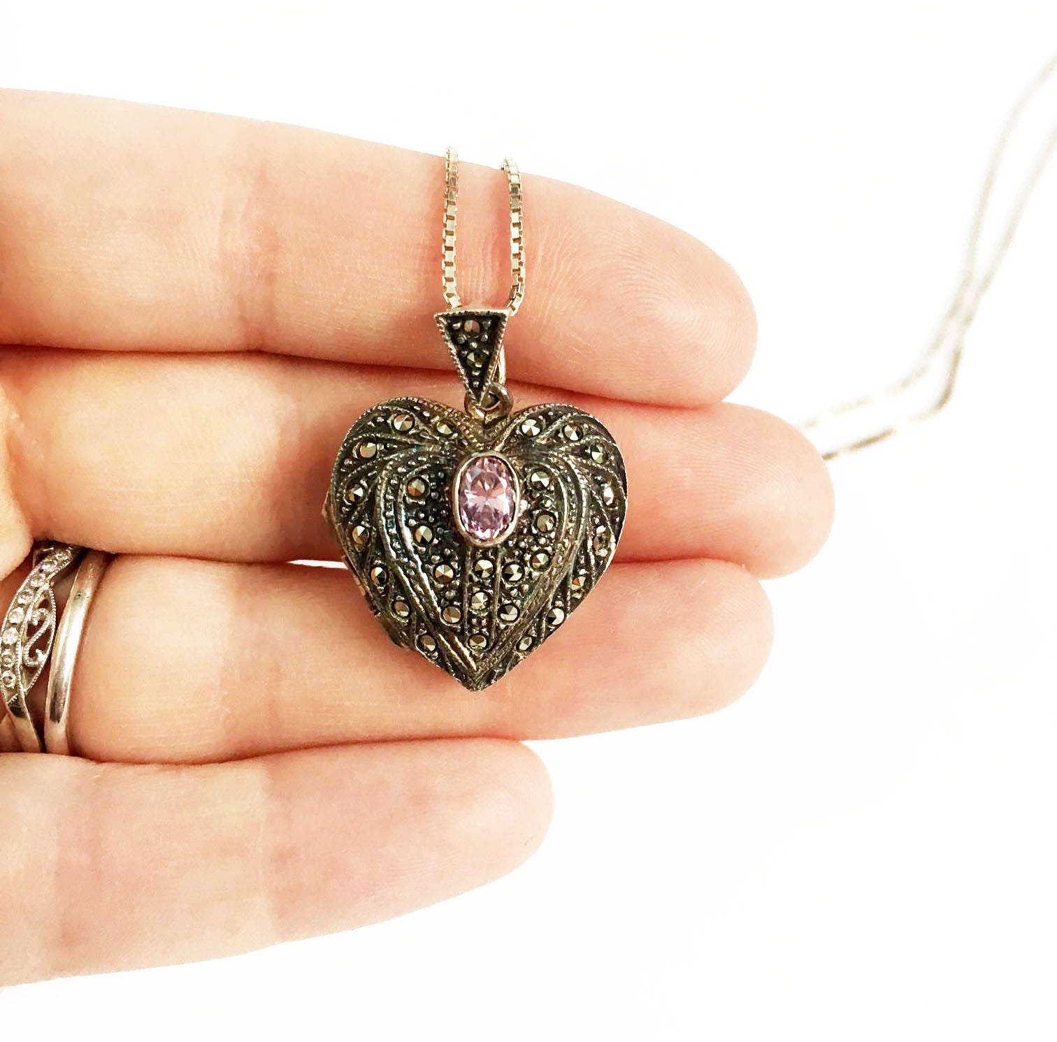 Beautiful Vintage Marcasite Sterling Silver Heart Locket and Chain ... Beautiful Vintage Marcasite Sterling Silver Heart Locket and Chain ...