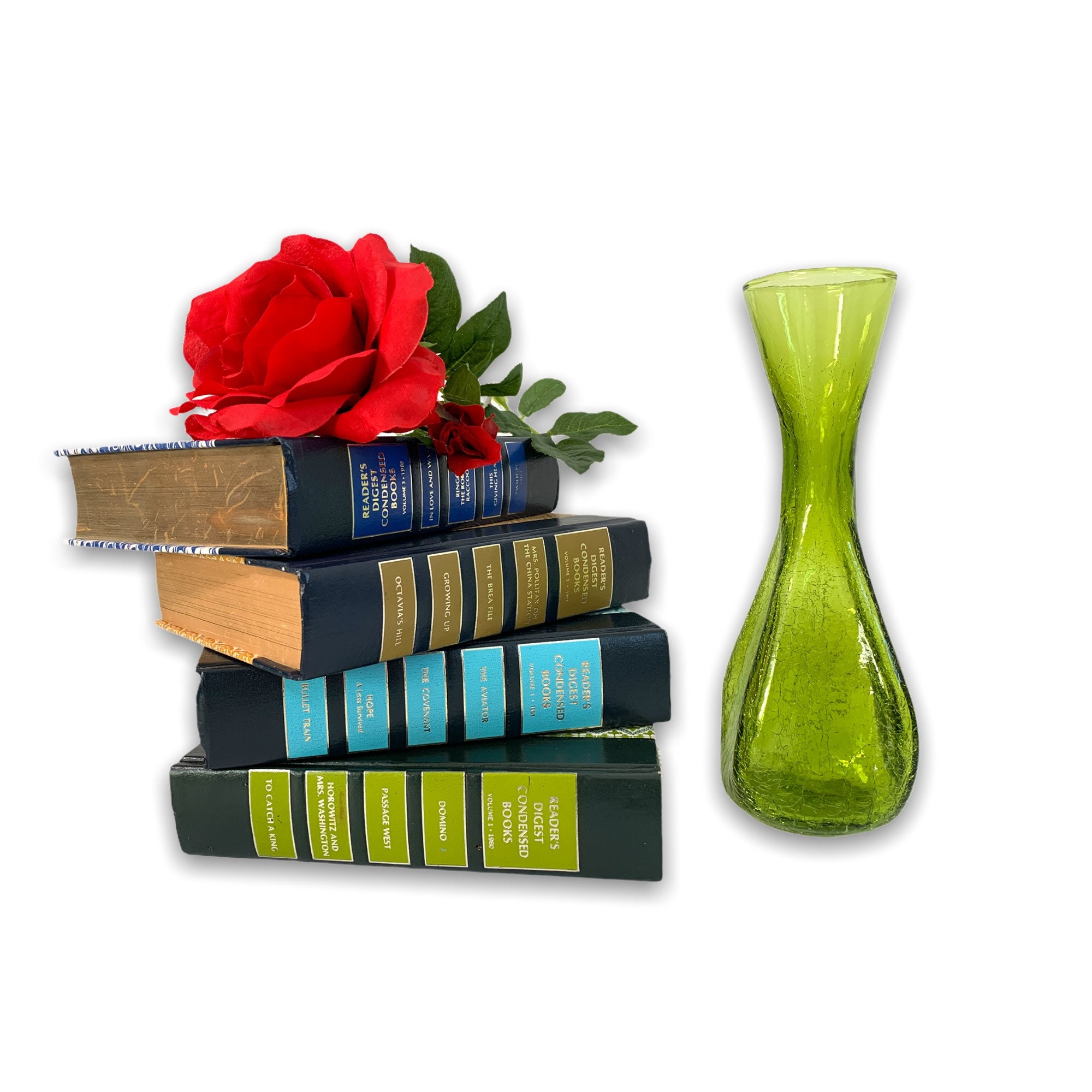Vintage Green Crackle Glass Vase Paneled Base Hand Blown Dark Green Retro Home Decor