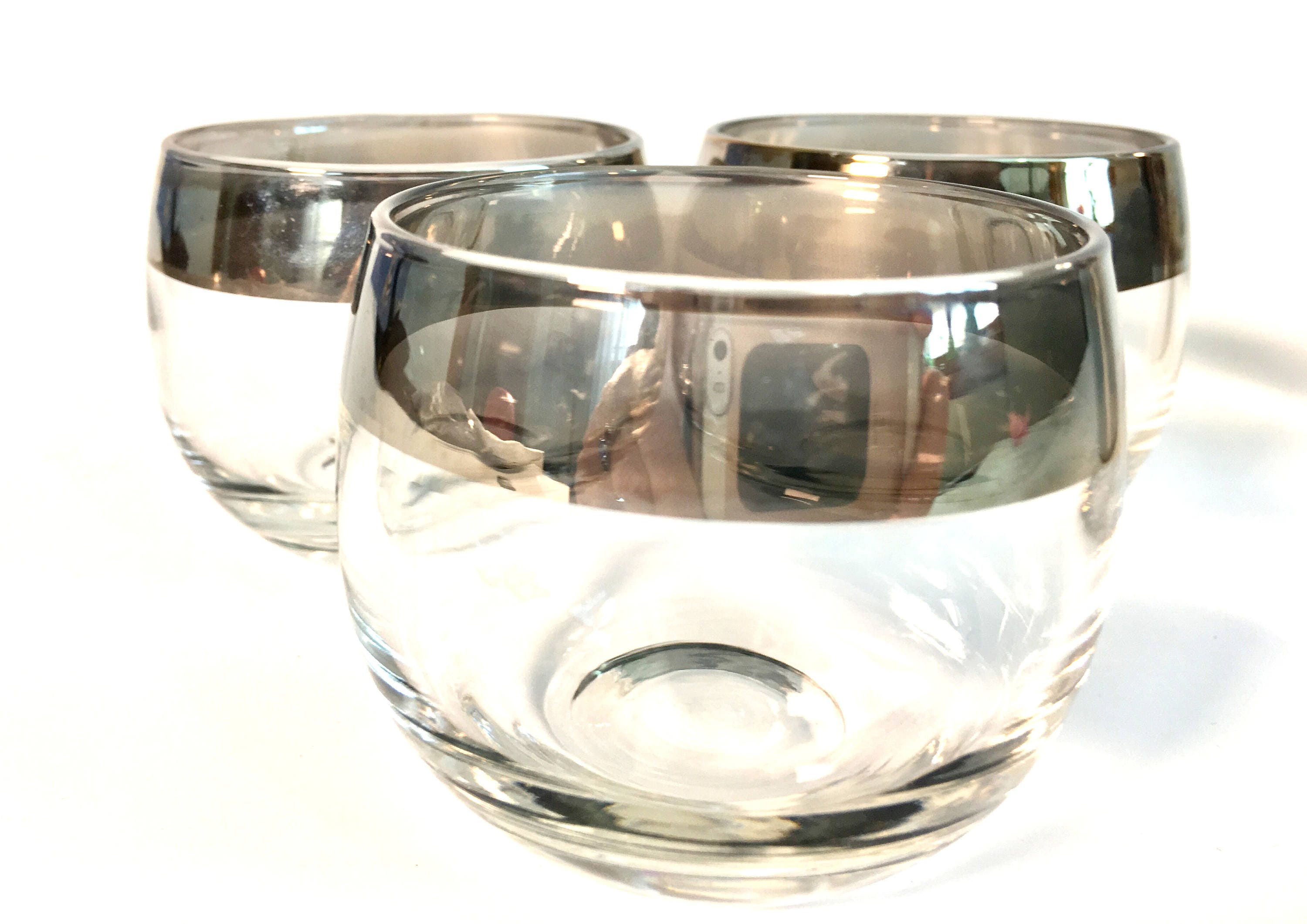 3 Vintage Mad Men Glasses Wide Silver Rim 3 Pc Roly Poly Glasses Mid Century Silver Band