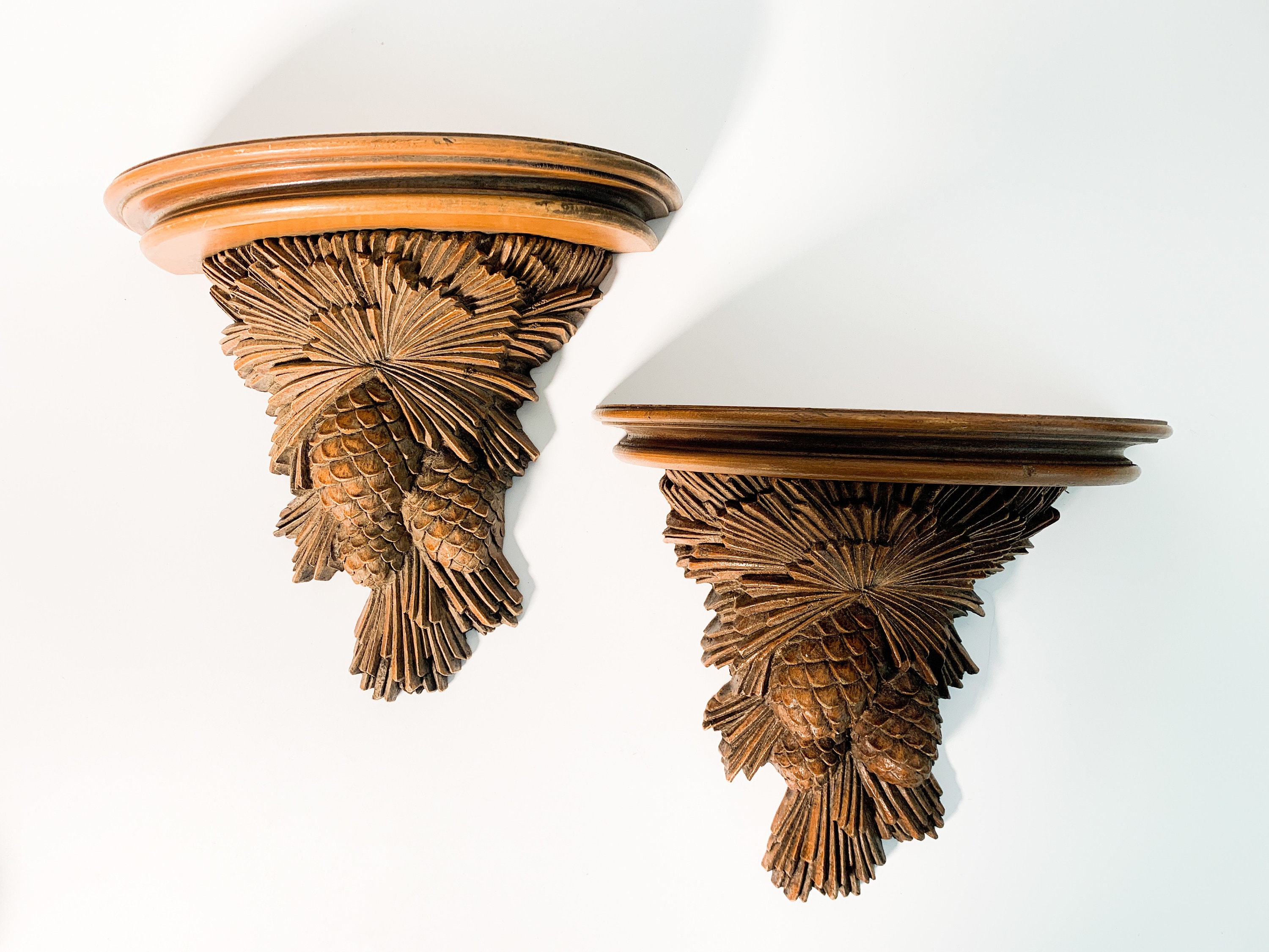 Pair Vintage Ornate Syroco Shelves - 2 Wall Shelves Pine Adirondack ...