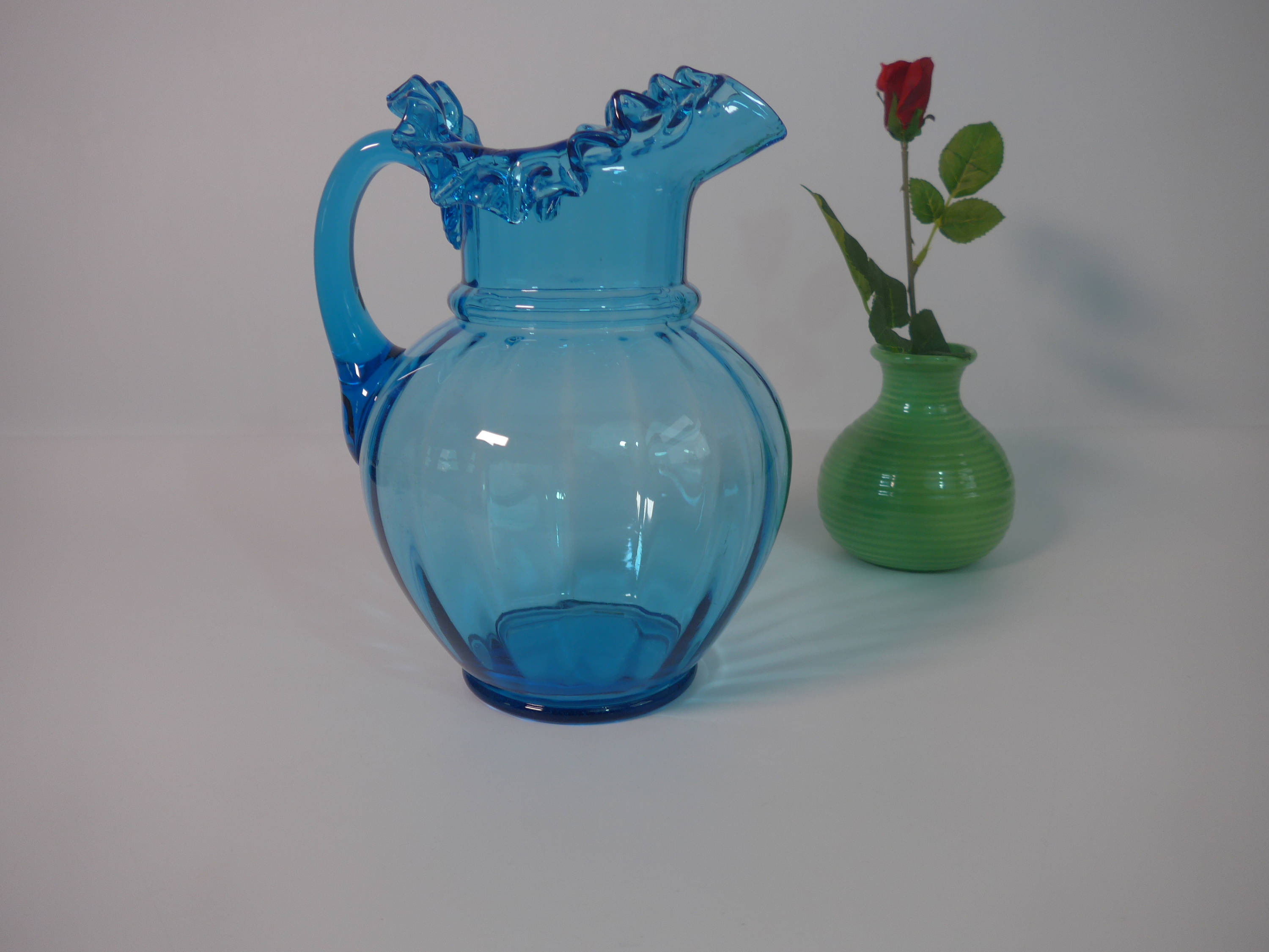 Vintage Blue Glass Frilly Edge Pitcher - LARGE Heavy Blue Pitcher ...