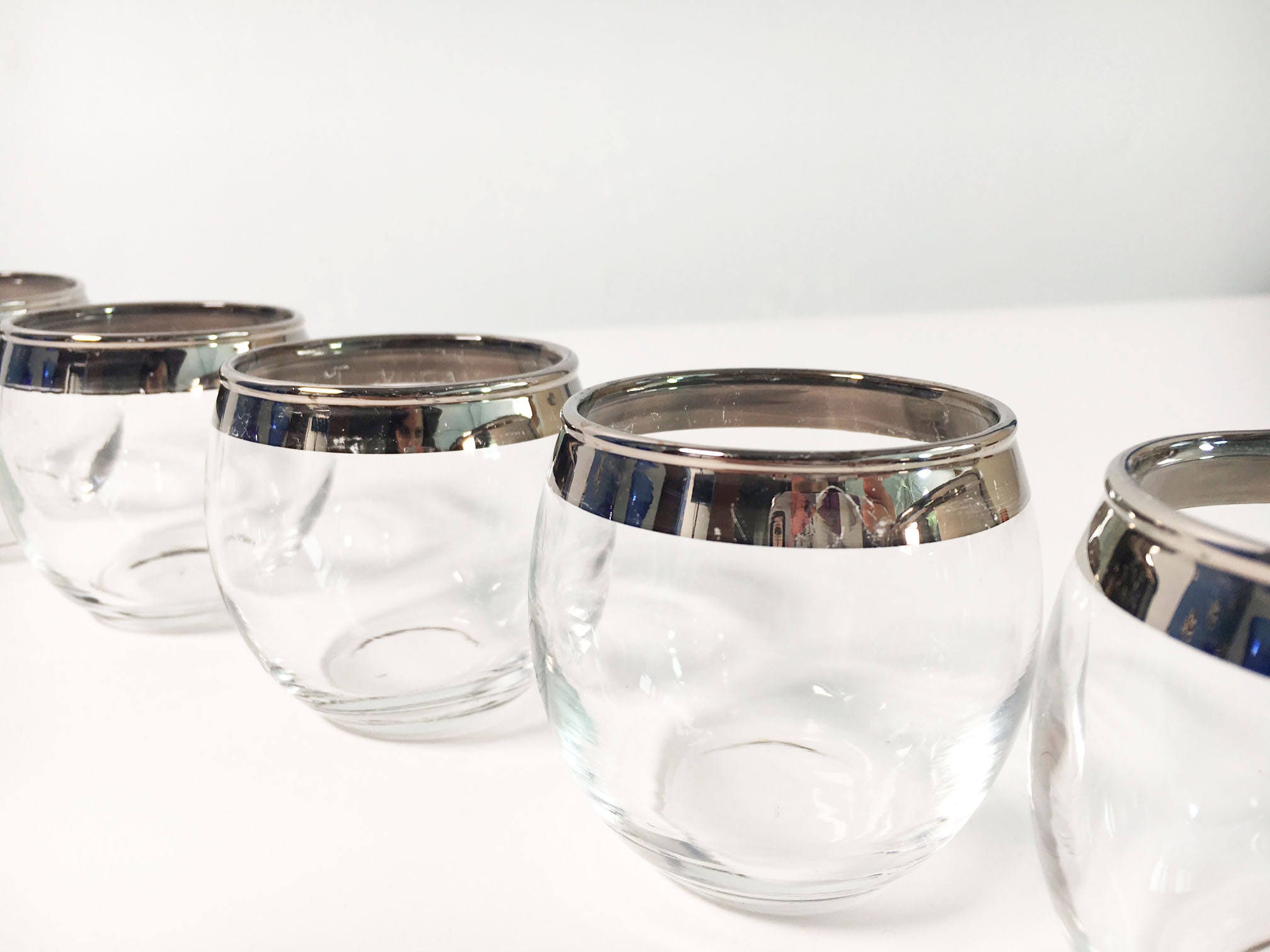 Set Of 6 Roly Poly Mad Men Silver Rim Drinking Glasses Vintage Set Small Dorothy Thorpe Style