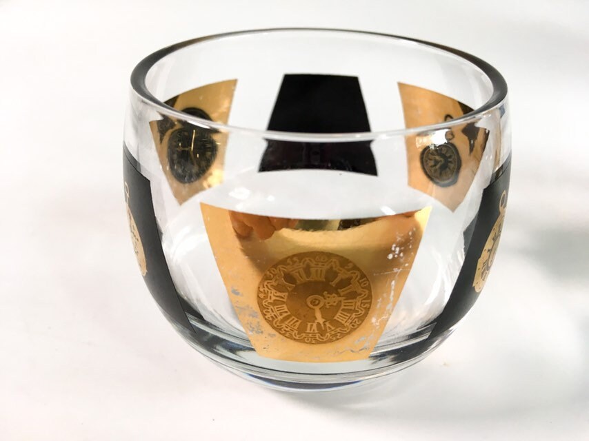 Pair of 2 Mid century Large Roly Poly Glasses Black & Gold w/ Clocks ...