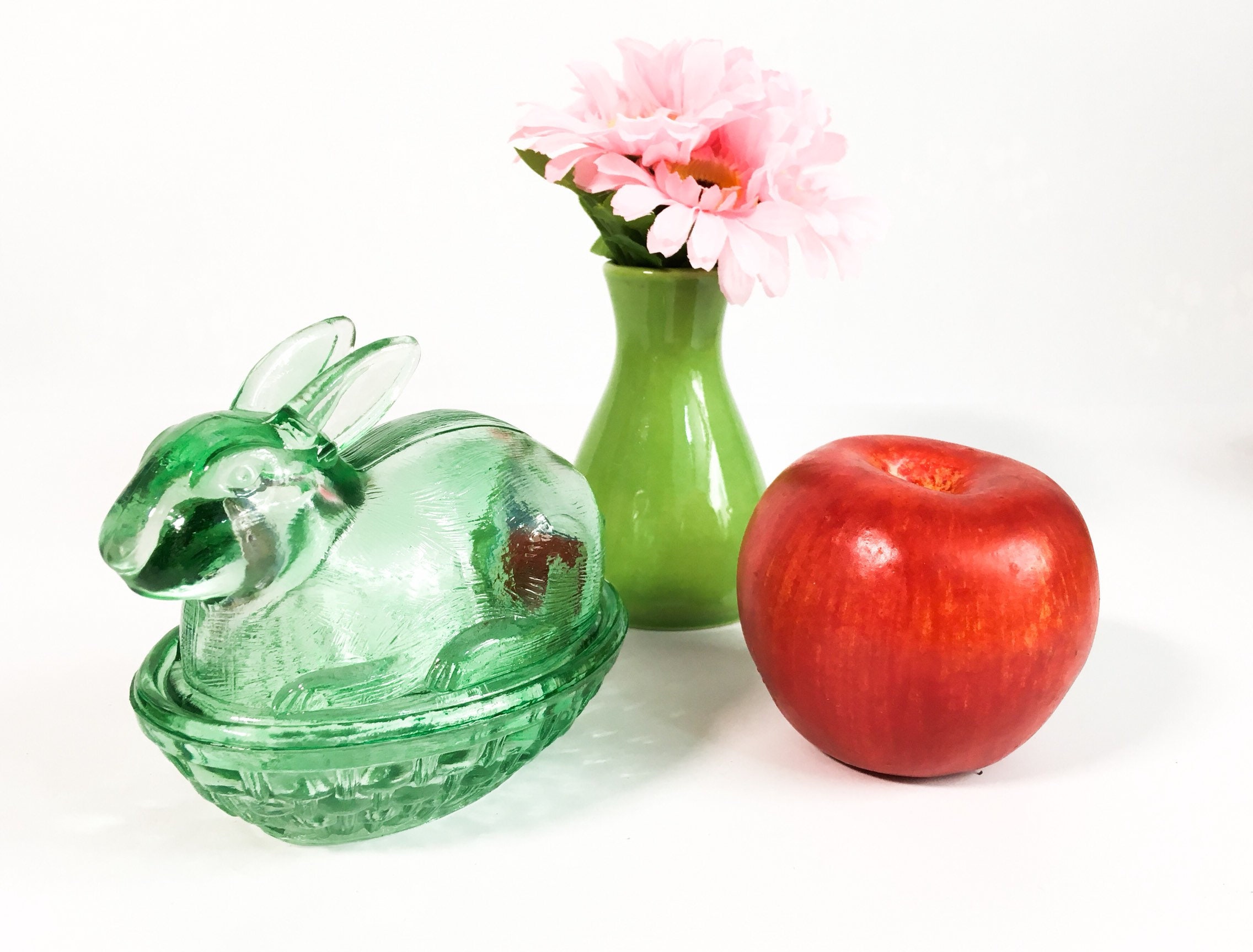 Vintage L E Smith Green Glass Rabbit or Bunny Trinket Jar w/ Lid ...