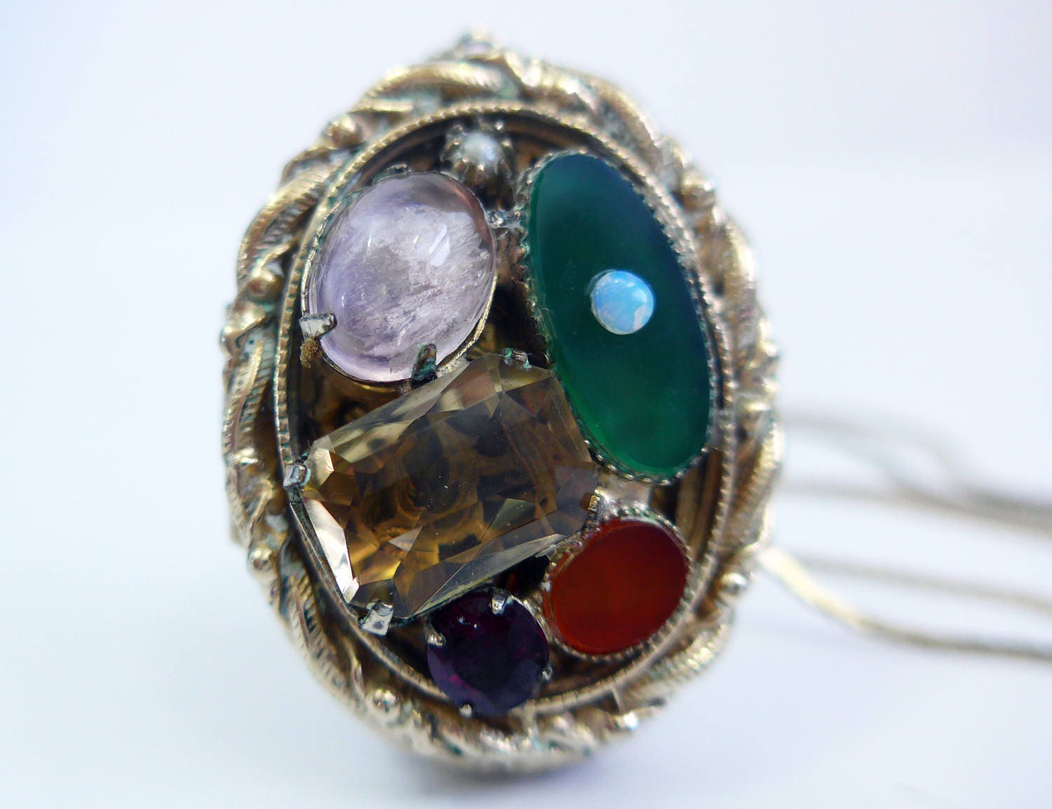 Large Gemstone Gold Tone Locket w/ Old Photos Chain Necklace - Multi ...