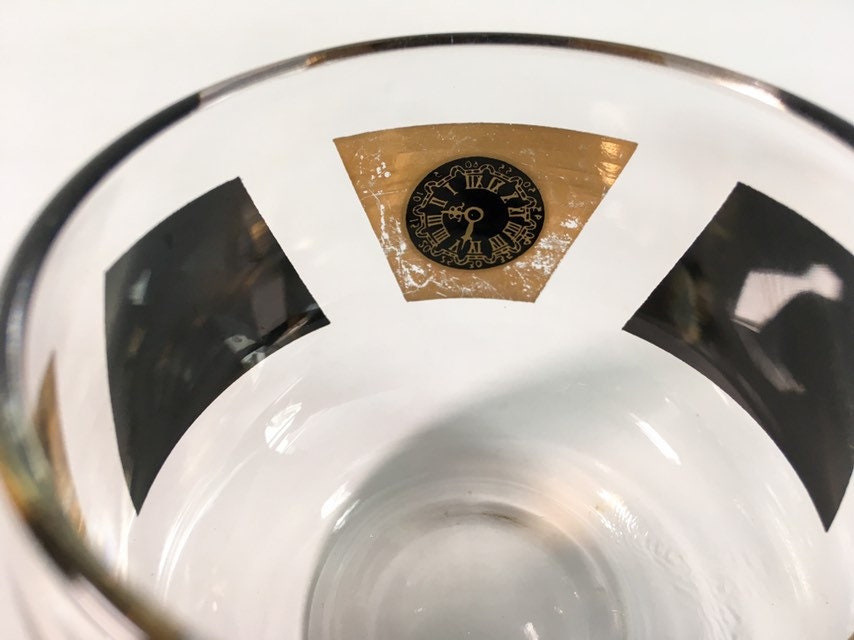 Pair of 2 Mid century Large Roly Poly Glasses Black & Gold w/ Clocks ...
