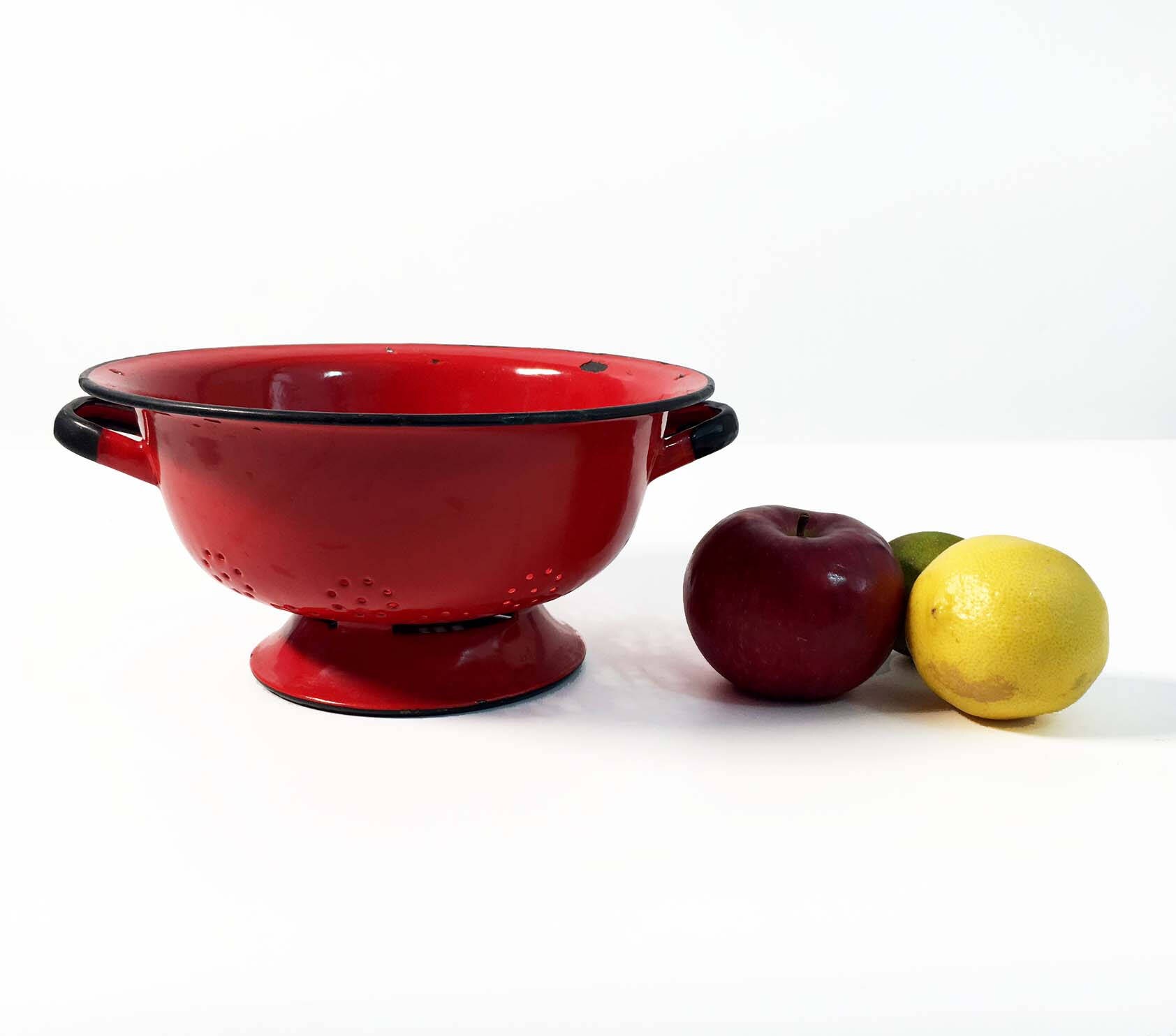 Vintage Enamelware Colander in Bright Red and Black Handled Strainer ...