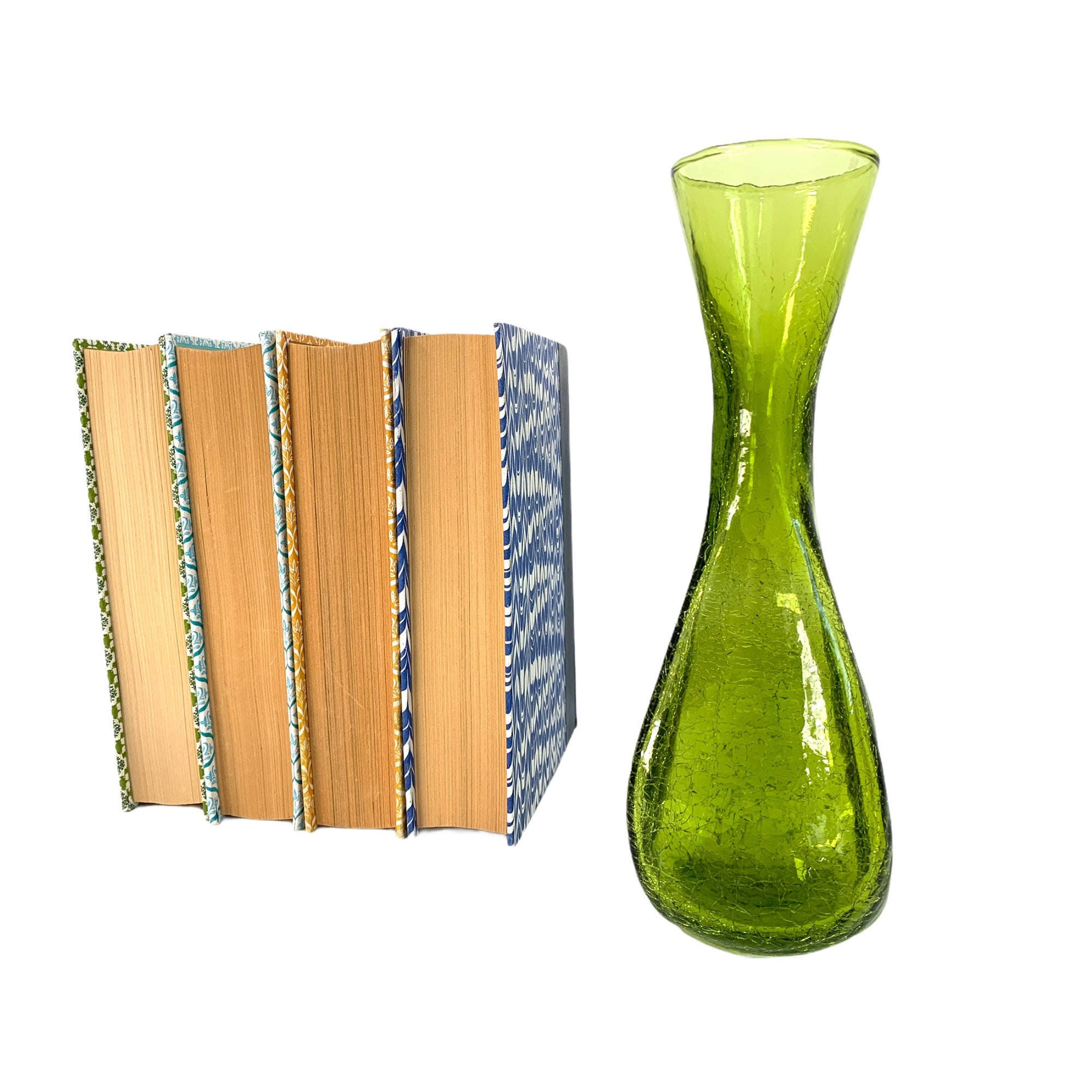 Vintage Green Crackle Glass Vase Paneled Base Hand Blown Dark Green Retro Home Decor